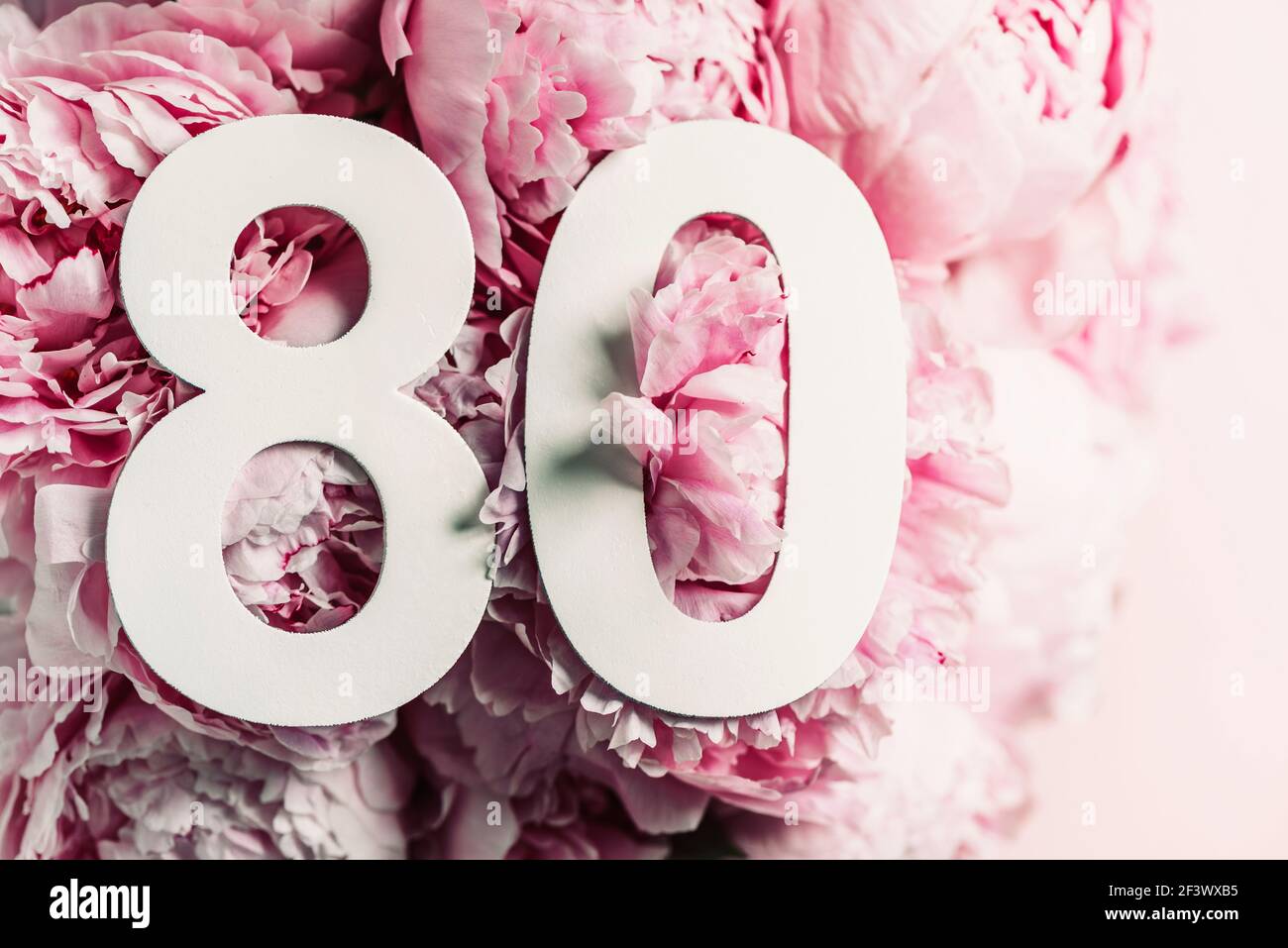 Peony flowers, digit eighty. Birthday greeting card with inscription 80 ...