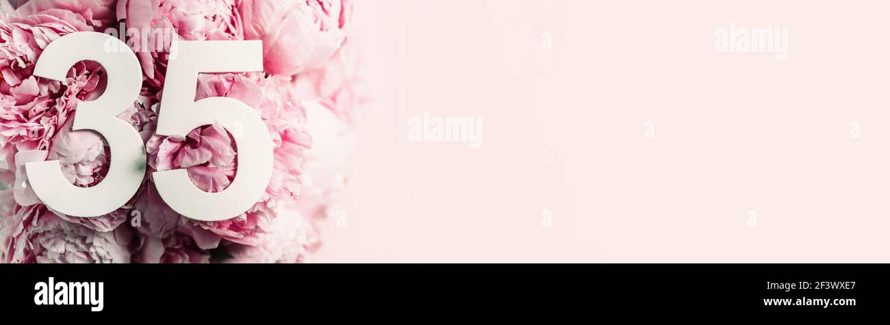 Peony flowers, digit thirty-five. Birthday greeting card with ...
