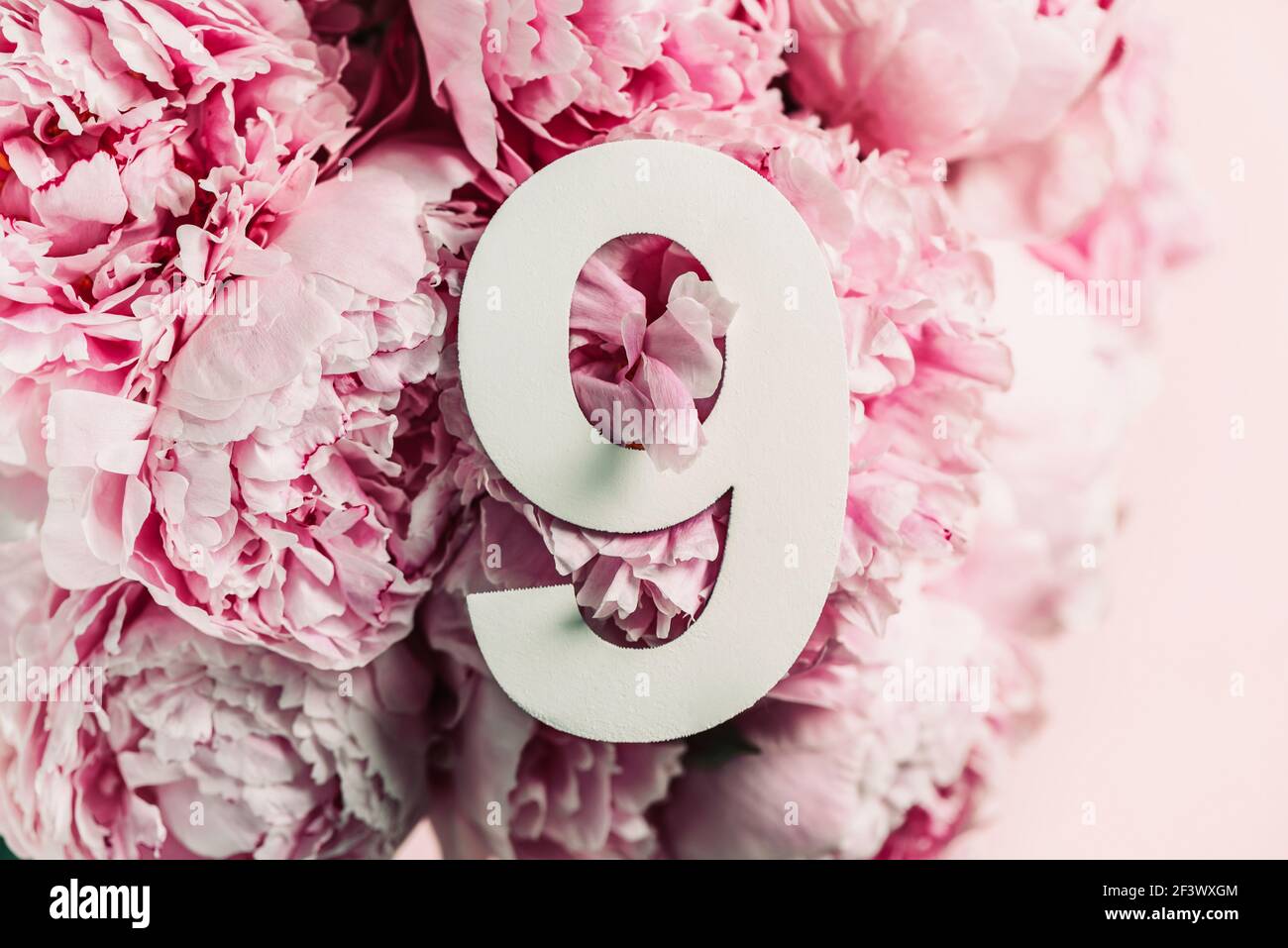Creative layout. Pink peony flowers and digit nine 9. Birthday greeting ...