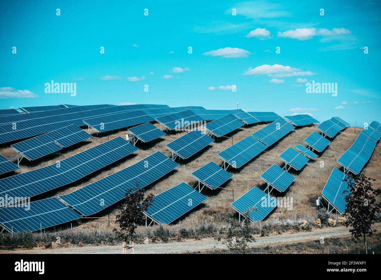 Solar panels against blue sunny sky produce green, environmentally ...
