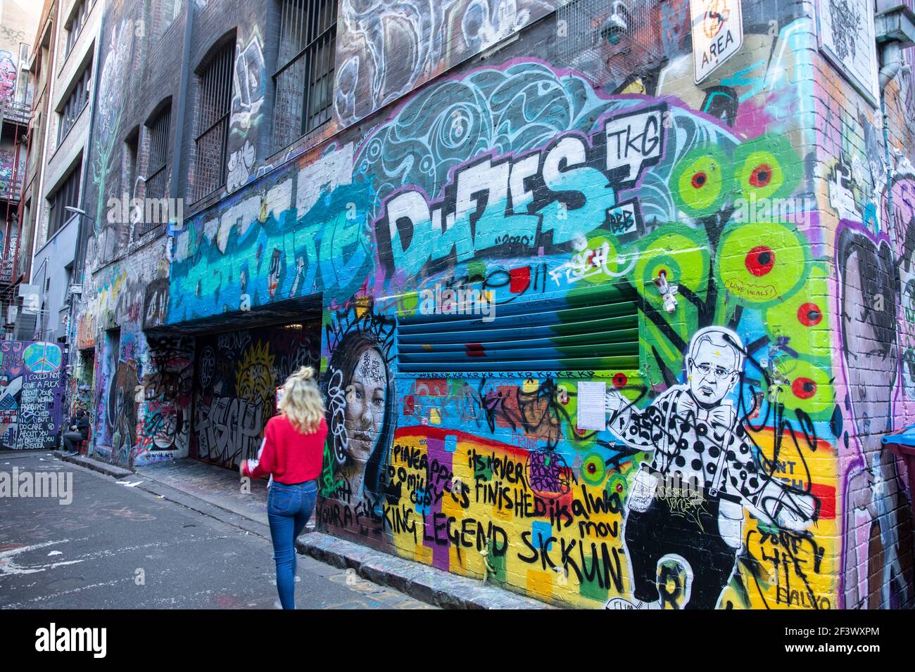 Hosier Lane in Melbourne a famous laneway woman viewing the street art ...
