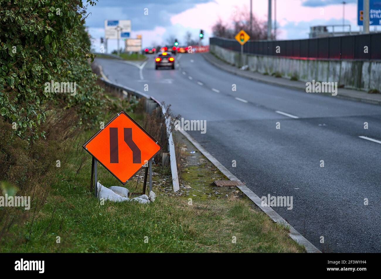 Temporary road sign indication road narrowing from right, Dublin ...