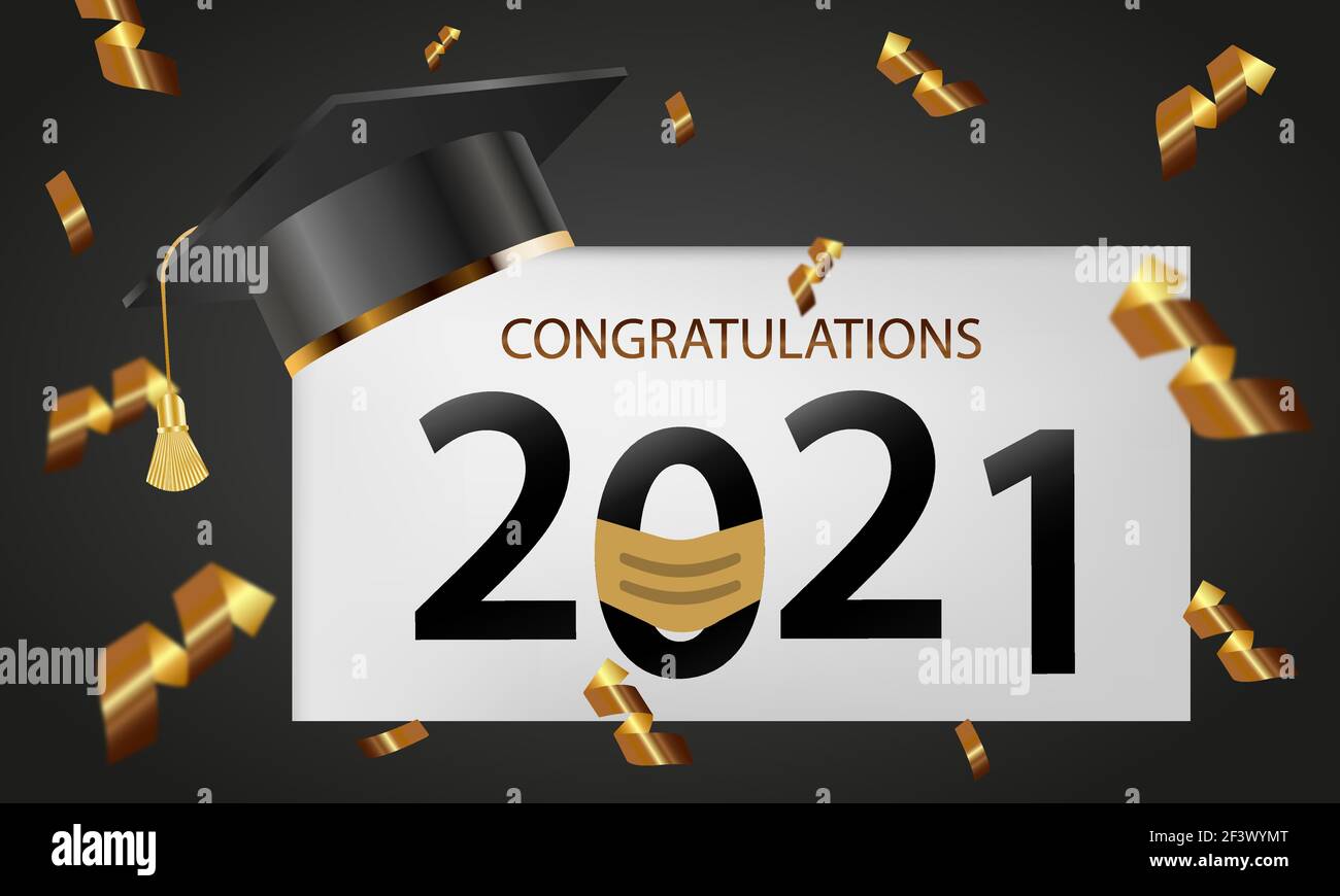 Graduating class of 2021 with falling shiny golden confetti. Graduation ...