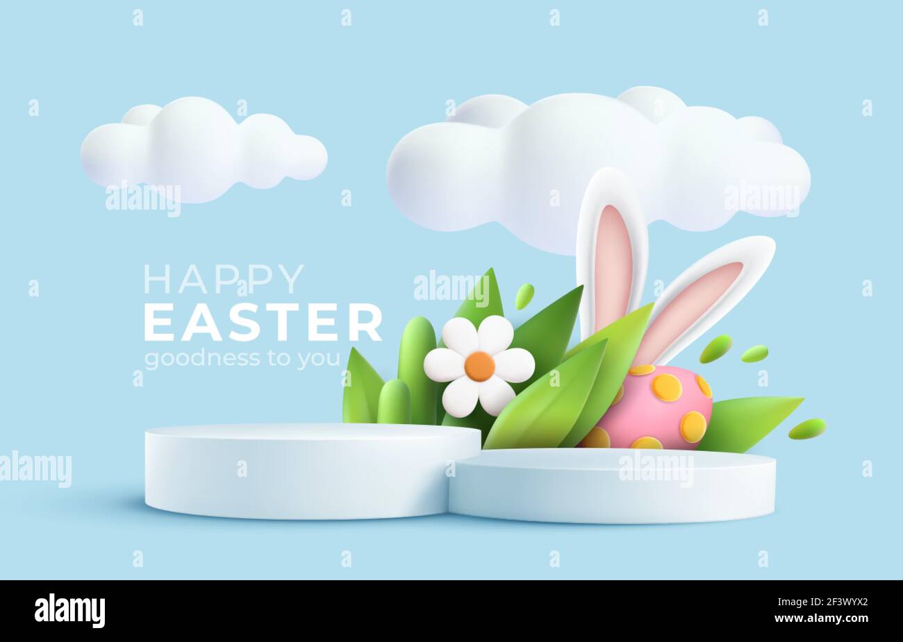 3D trendy Easter greeting with 3d product podium, spring flower, cloud ...