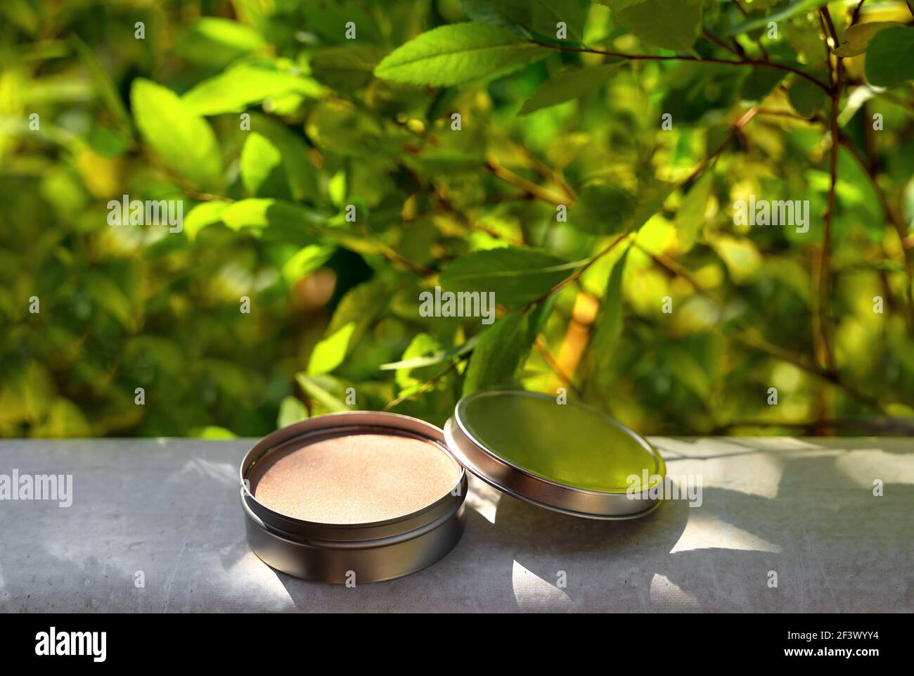 Cosmetic display on green leaves and natural stone backdrop. Natural ...