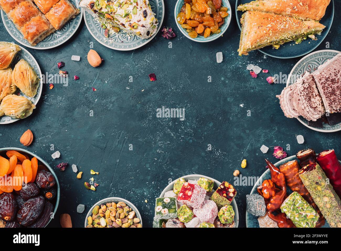 Traditional turkish delight on dark background. Top view. Flat lay ...