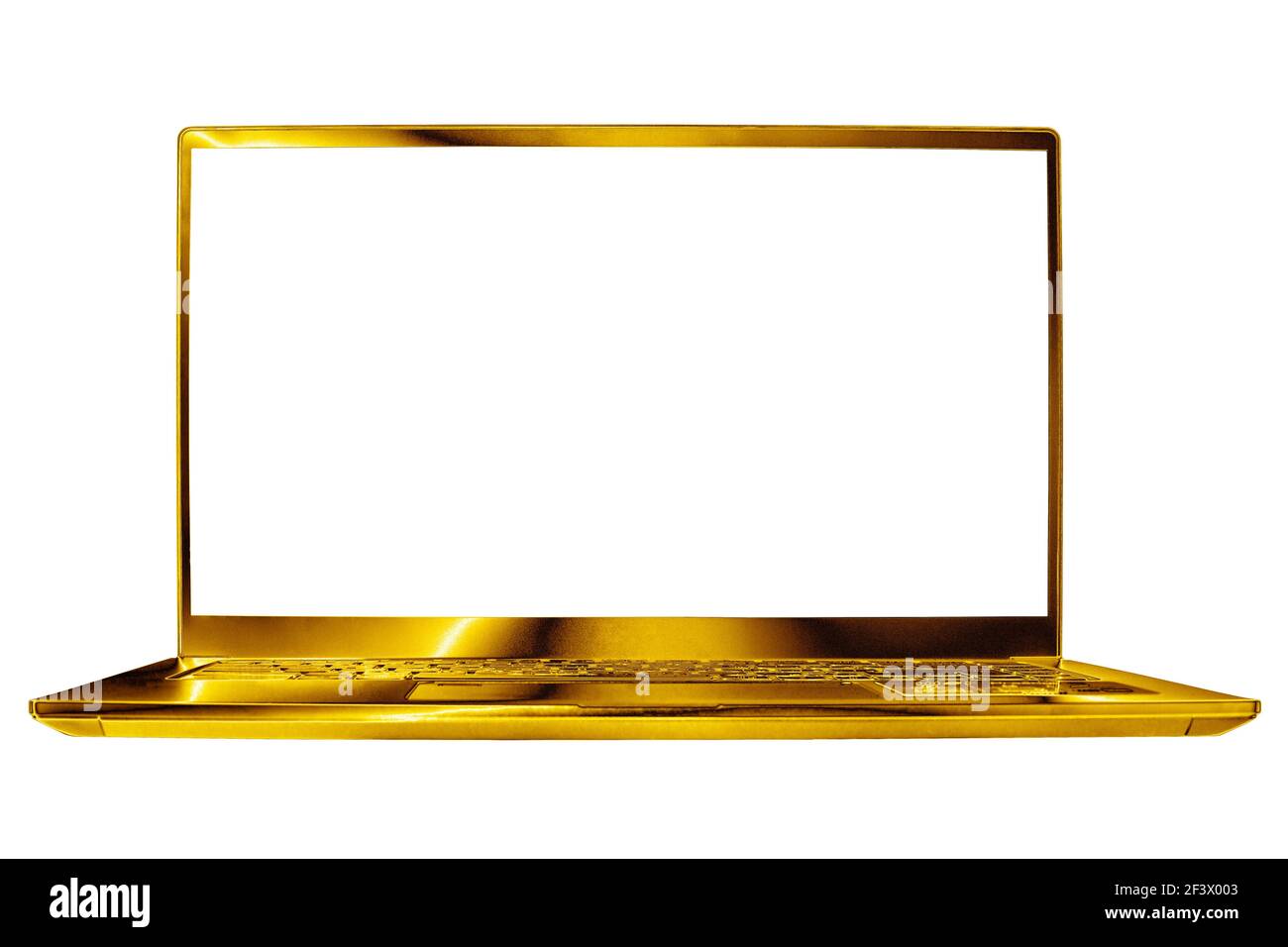 Golden laptop blank screen white background isolated close up front ...
