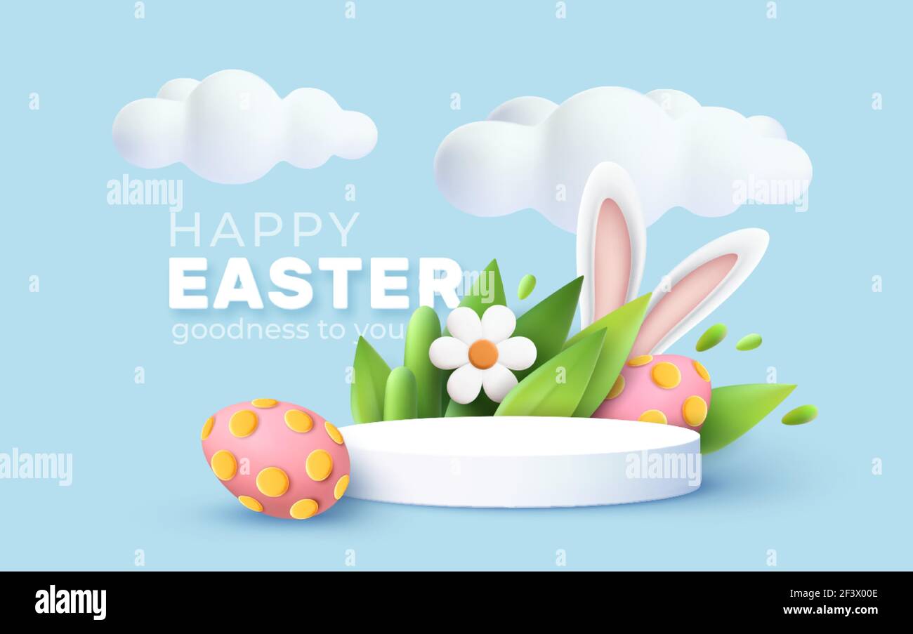 3D trendy Easter greeting with 3d product podium, spring flower, cloud ...