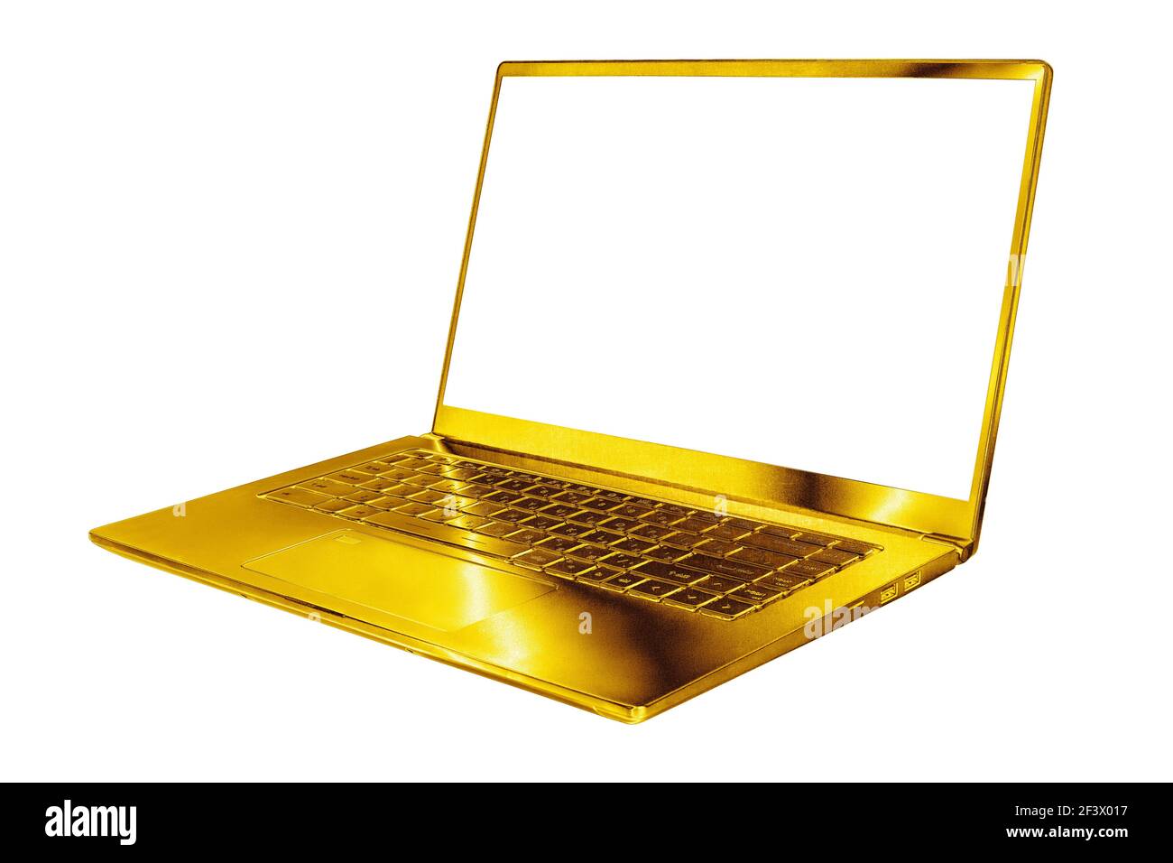 Golden laptop blank screen white background isolated close up side view ...