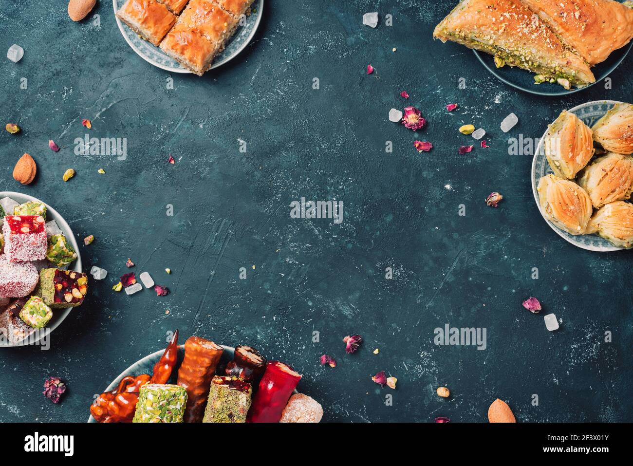 Traditional turkish delight on dark background. Top view. Flat lay ...