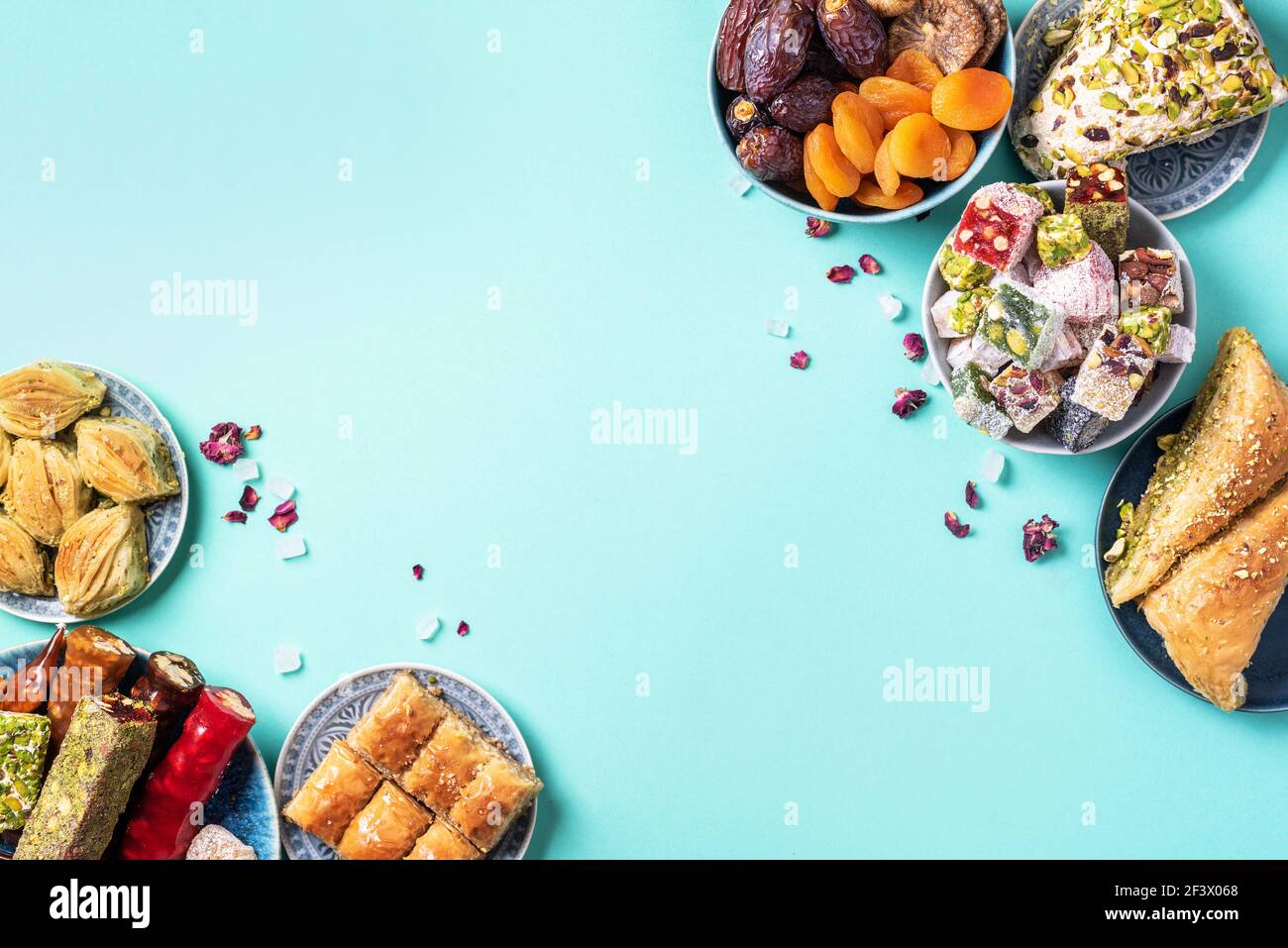 Traditional turkish delight on blue background. Top view. Flat lay ...