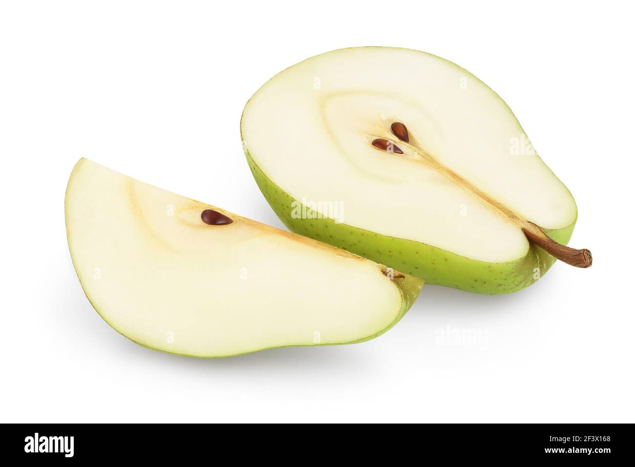 Green pear fruit half and slice isolated on white background with ...