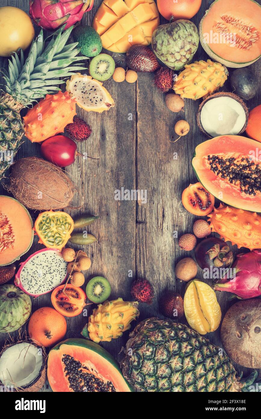 Exotic fruits - pineapple, papaya, mango, annona, banana, pitahaya ...