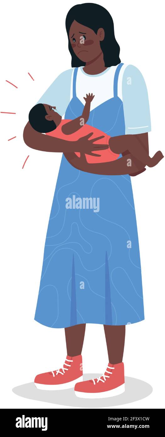 Worried young mother with screaming baby flat color vector detailed ...