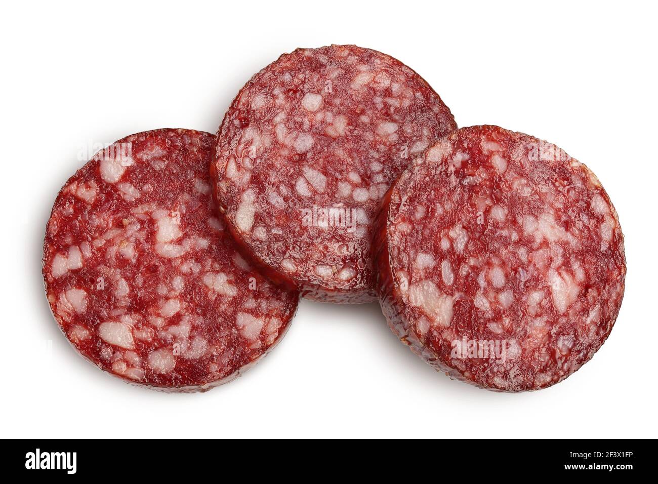 Smoked sausage salami slices isolated on white background with clipping path and full depth of ...
