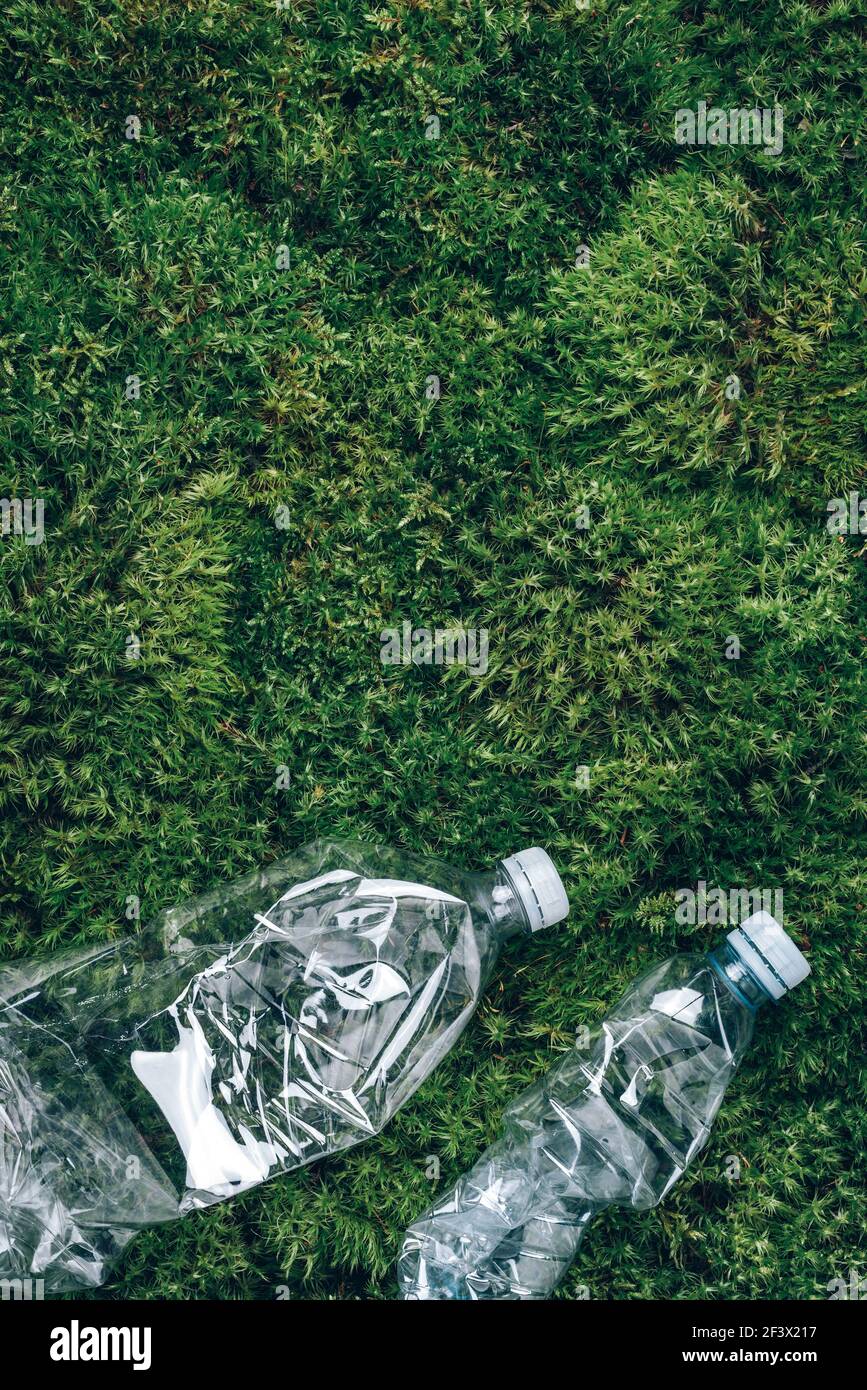 Empty rumpled used plastic bottle on green moss, grass background. Top ...