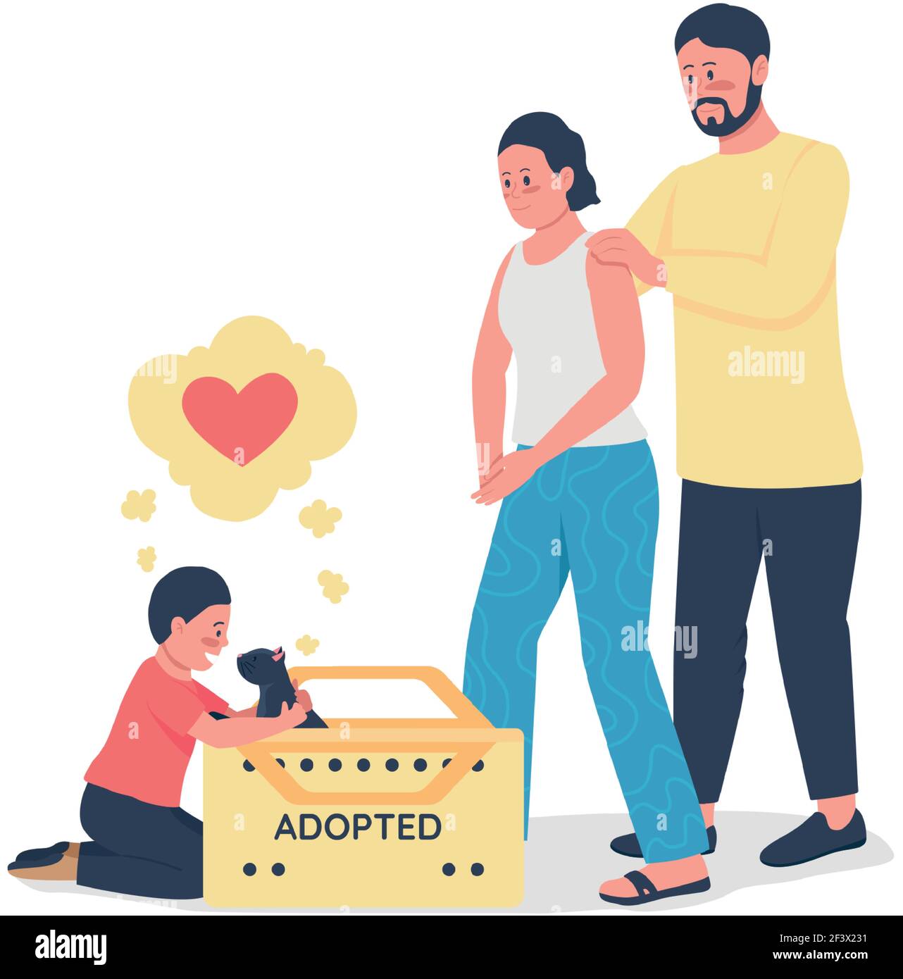 Happy caucasian family with adopted cat flat color vector detailed ...