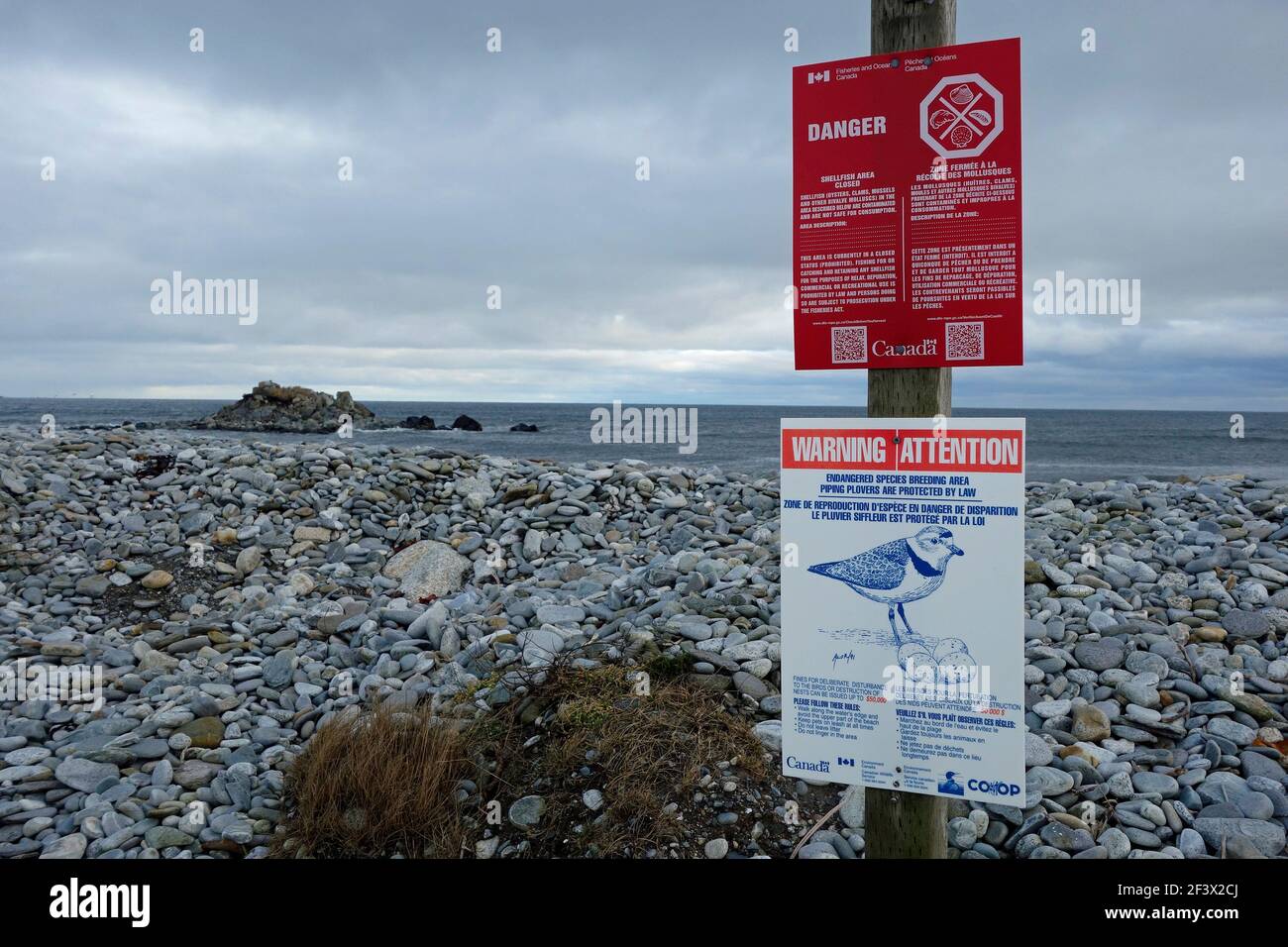 signs at a beach on Cape Sable Island, Nova Scotia, Canada Stock Photo ...