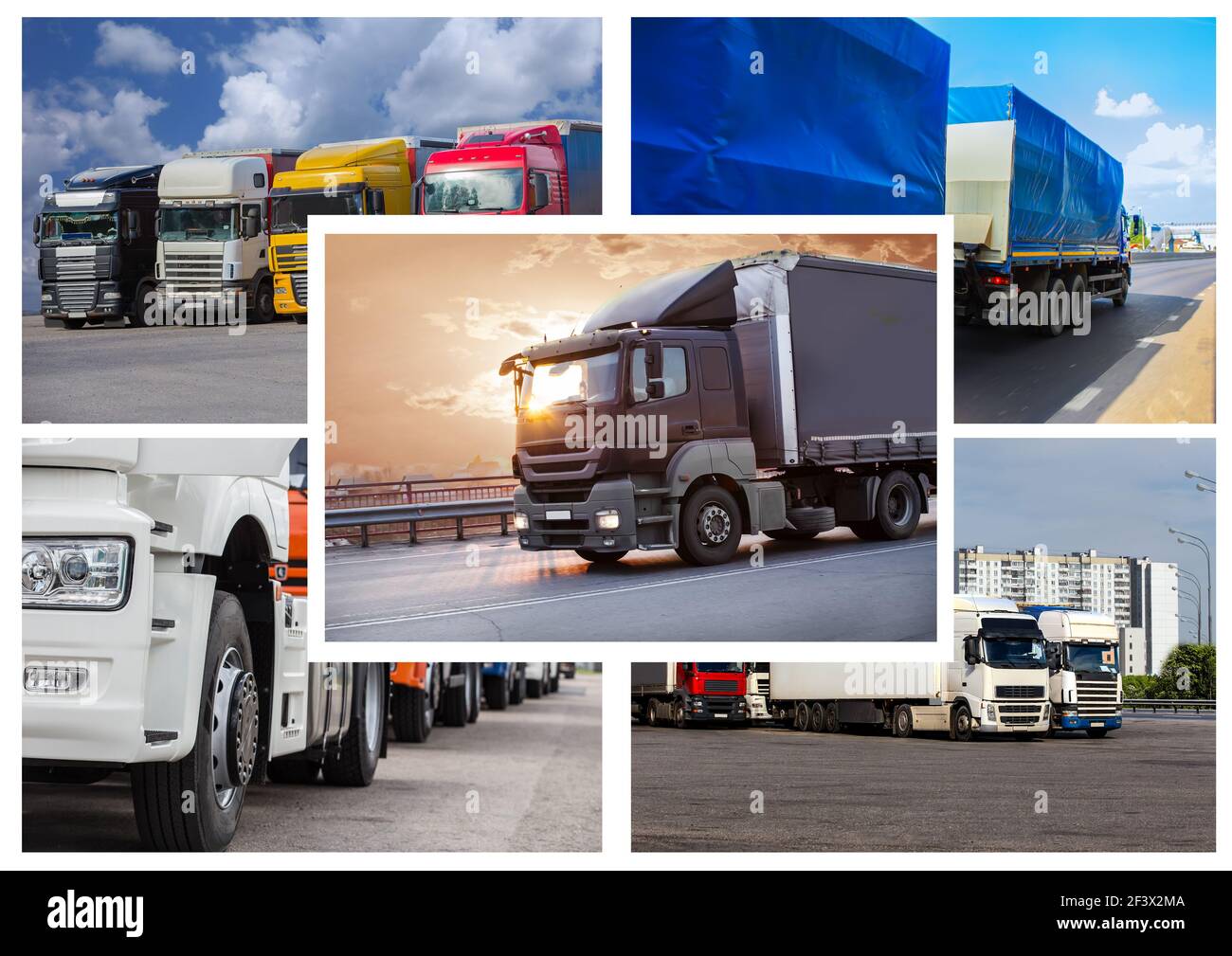 trucks collage of different photos of cargo delivery by various trucks ...