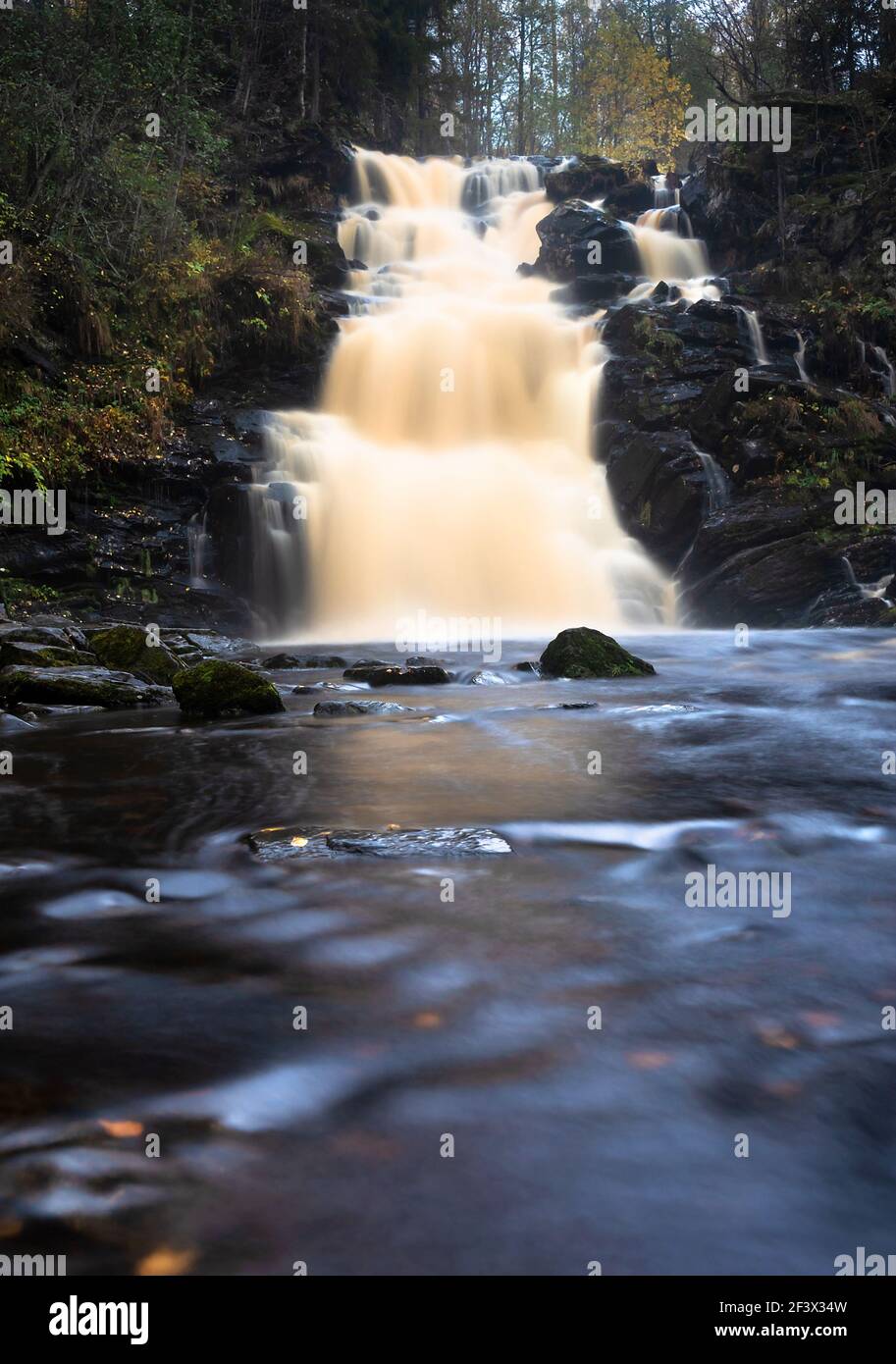 Amazing mountain waterfall landscape. Autumn forest and waterfall ...