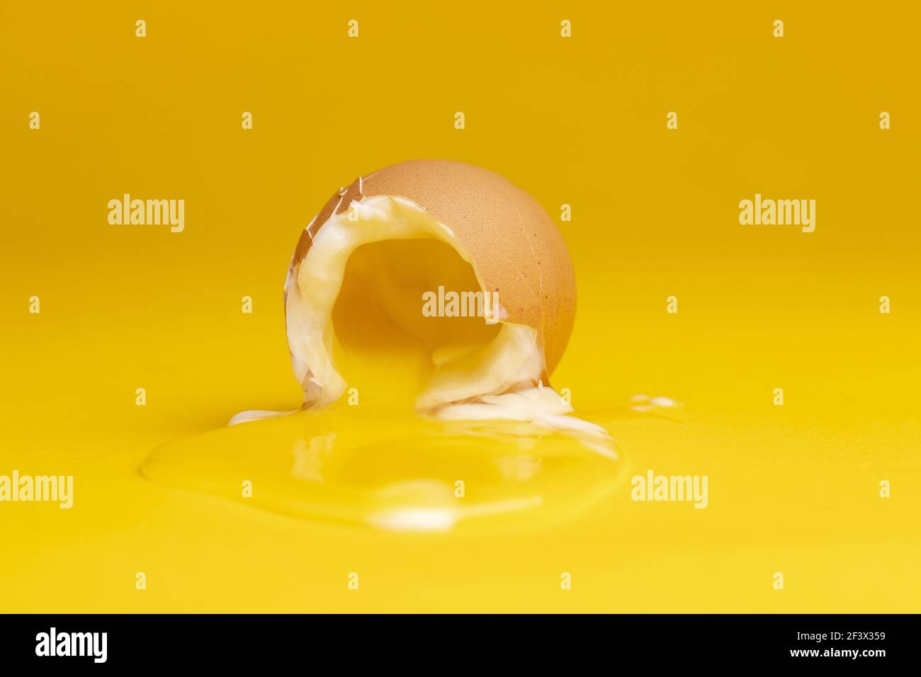 Yellow yolk spilling out of dropped egg mixing with the yellow surface ...