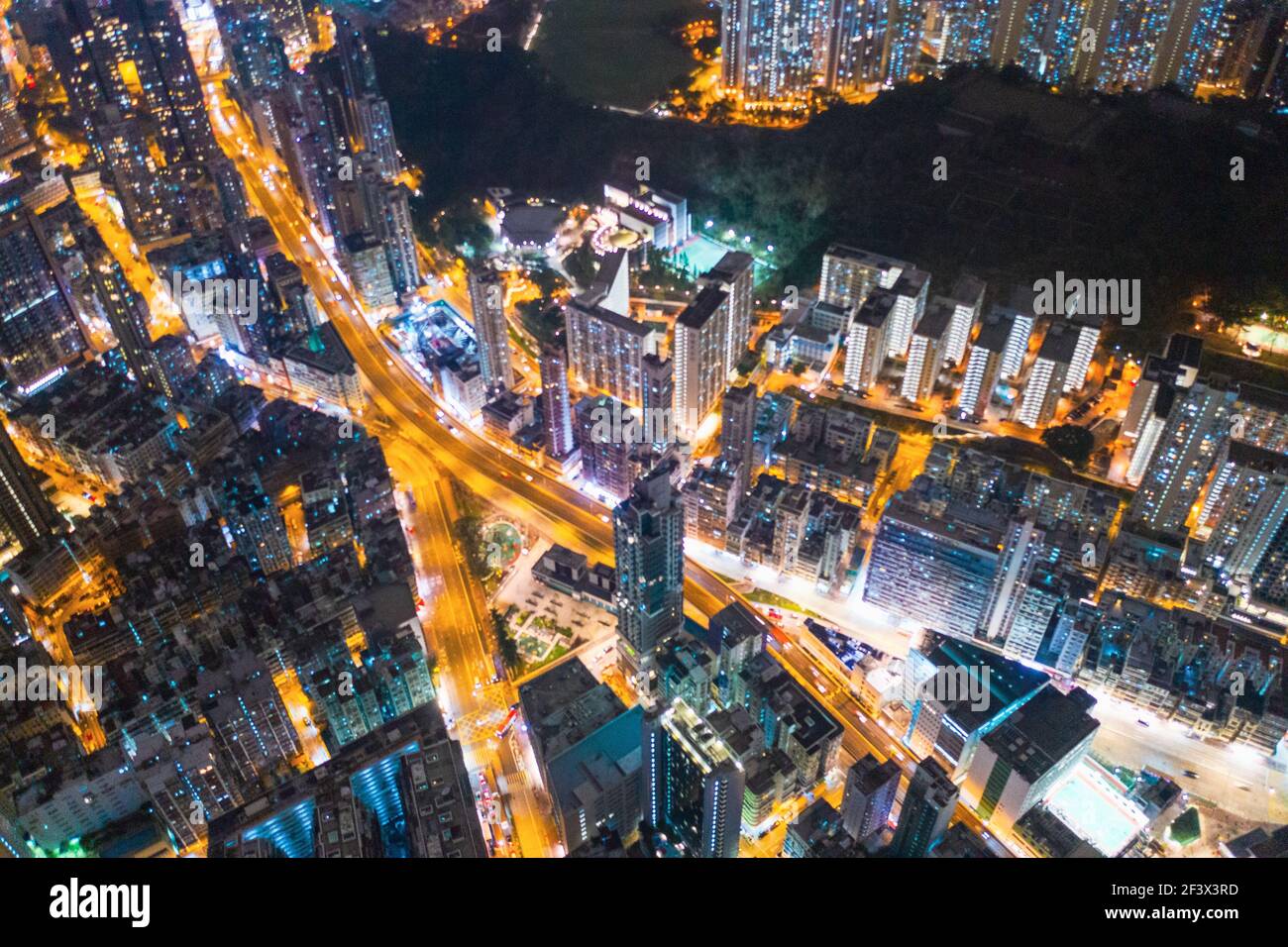 Epic aerial night view of downtown district in Kowloon, Hong Kong Stock ...