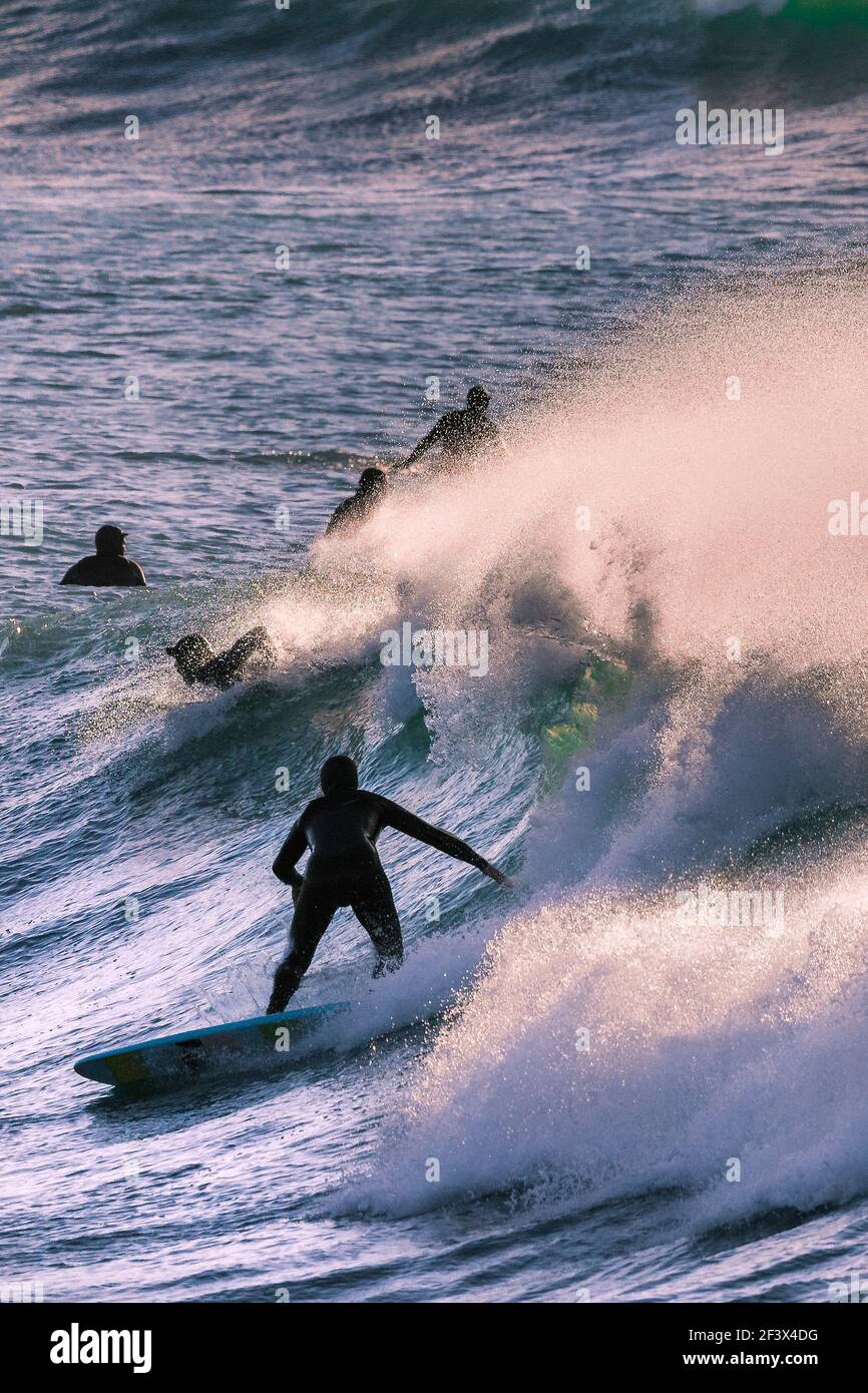 Wild surfing action in Fistral Bay in Newquay in Cornwall Stock Photo ...