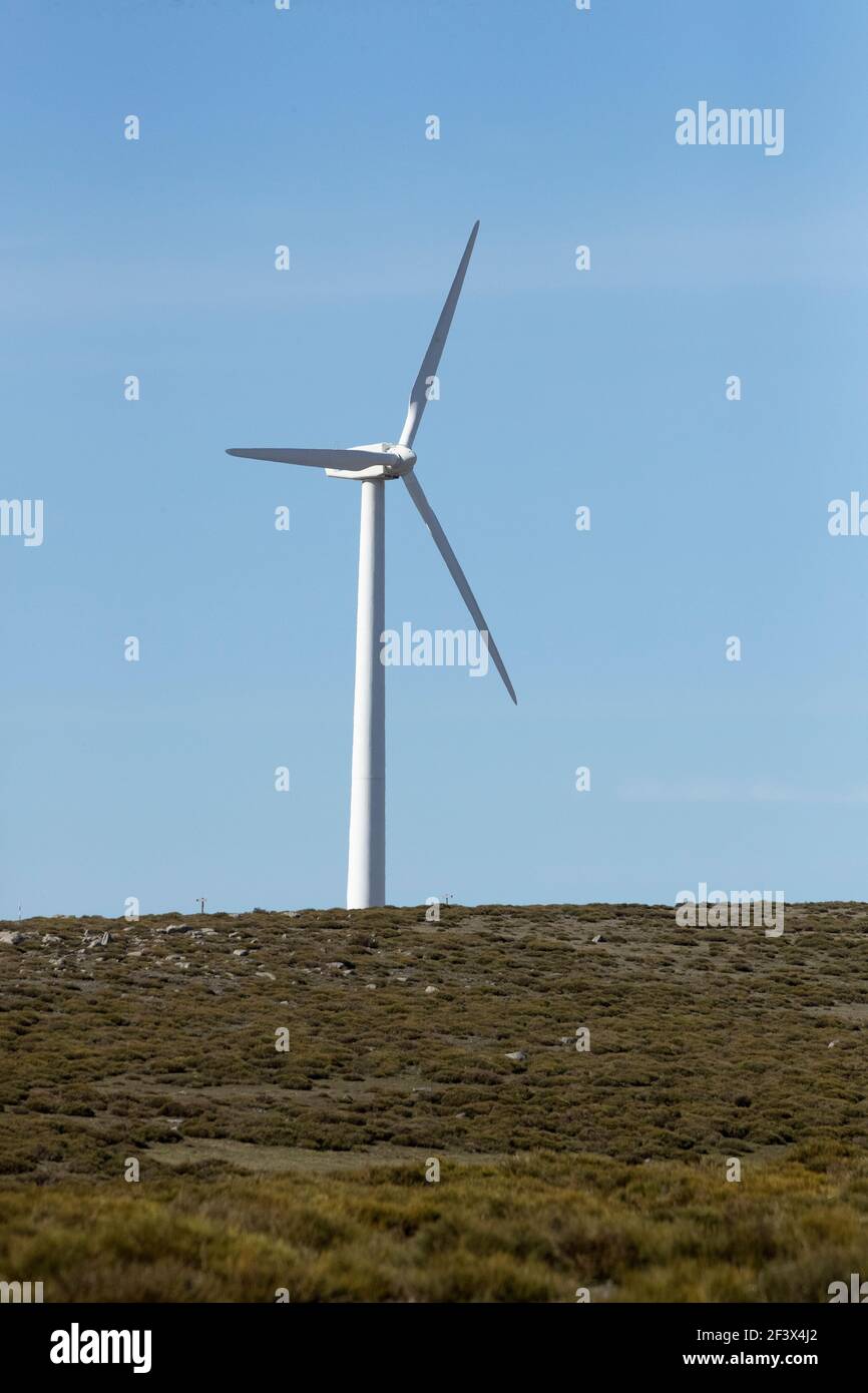 wind turbines producing electricity on a mountain divide in a strong ...