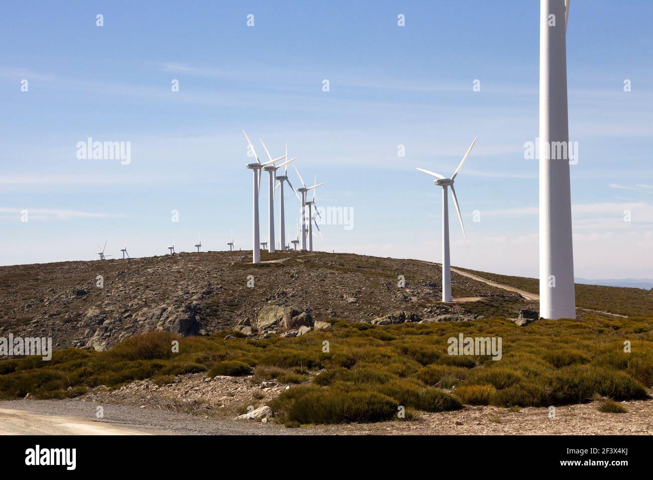 wind turbines producing electricity on a mountain divide in a strong ...