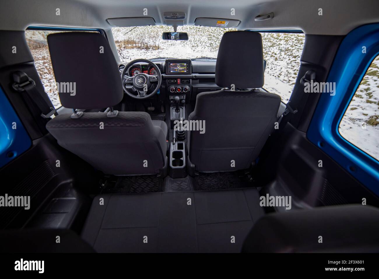 Moscow, Russia - January 24, 2020: Interior of Suzuki Jimny mini SUV. a ...