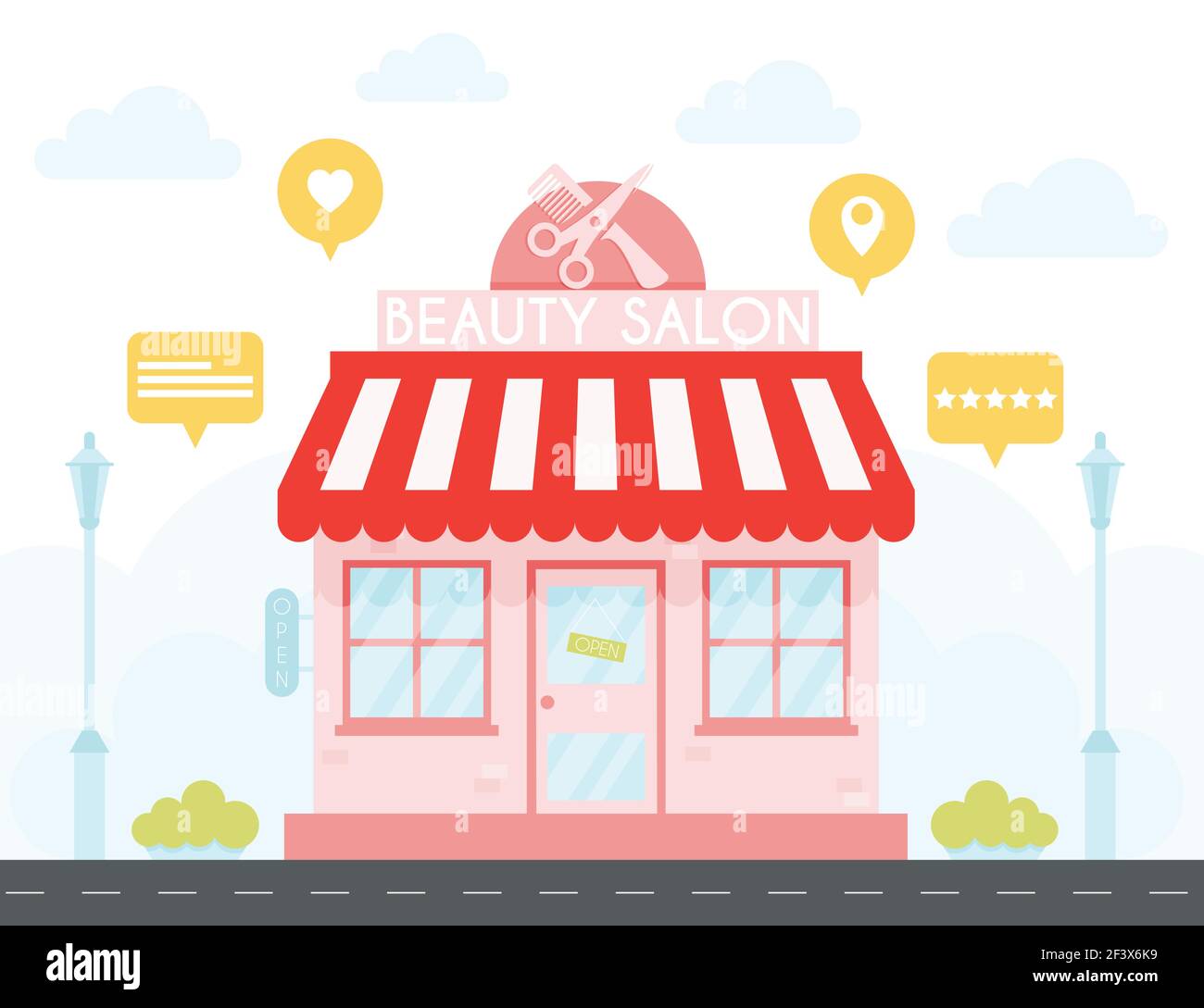 Beauty salon shop with like, review, map pin and rating bubbles. vector ...