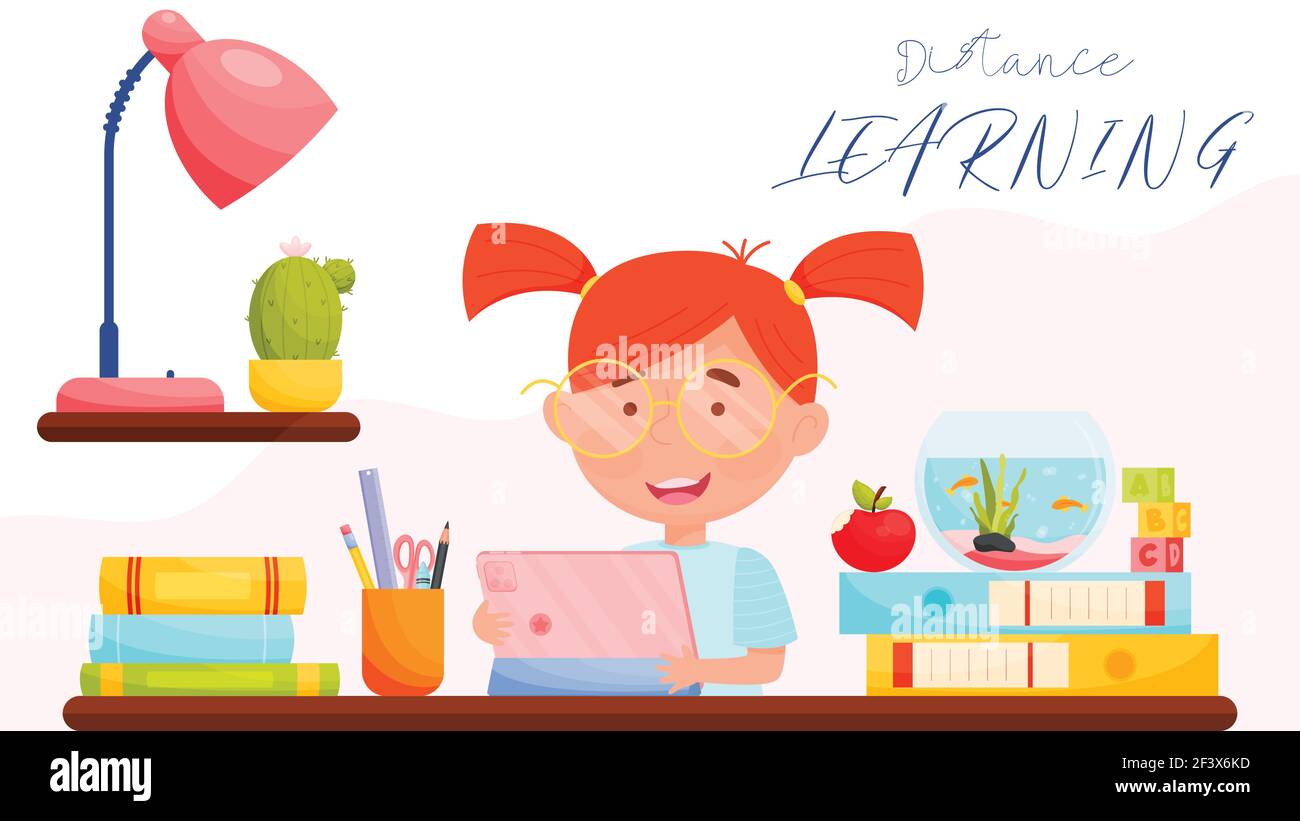 Girl with tablet sitting by the table. Distance learning. Remote ...