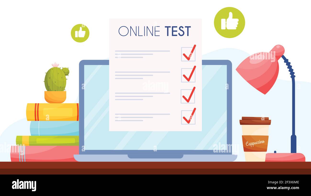 Online test with thumbs up icons. Workplace illustration. Vector ...