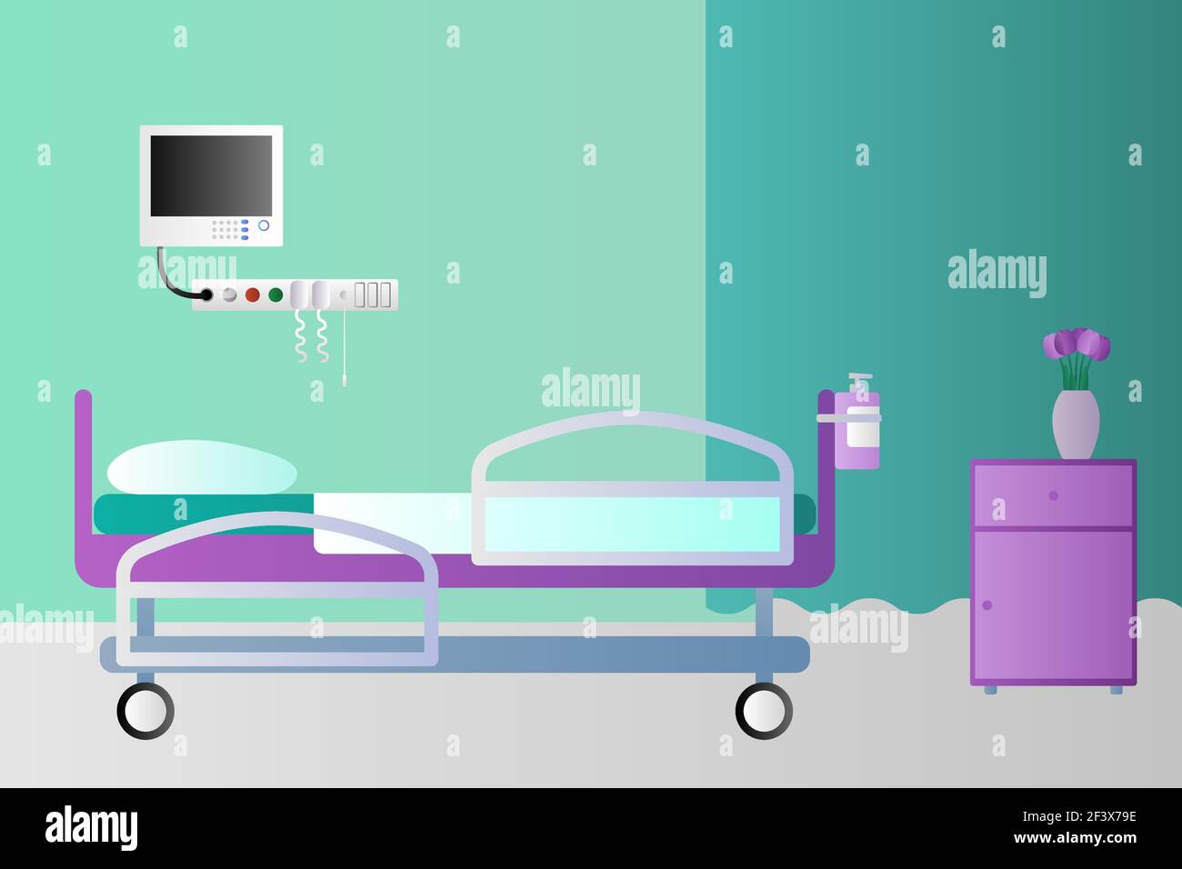 Hospital room. Hospital bed, medical equipment, nightstand, vase with ...