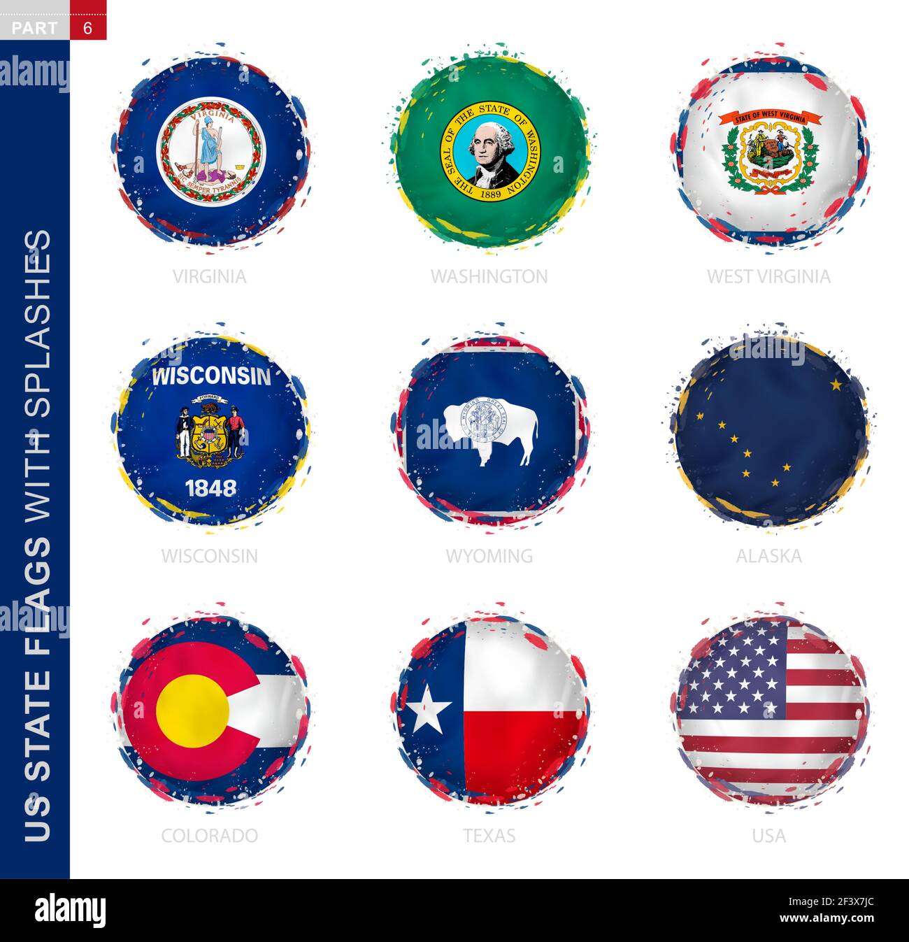 US State flag collection, round grunge flag with splashes. 9 vector ...
