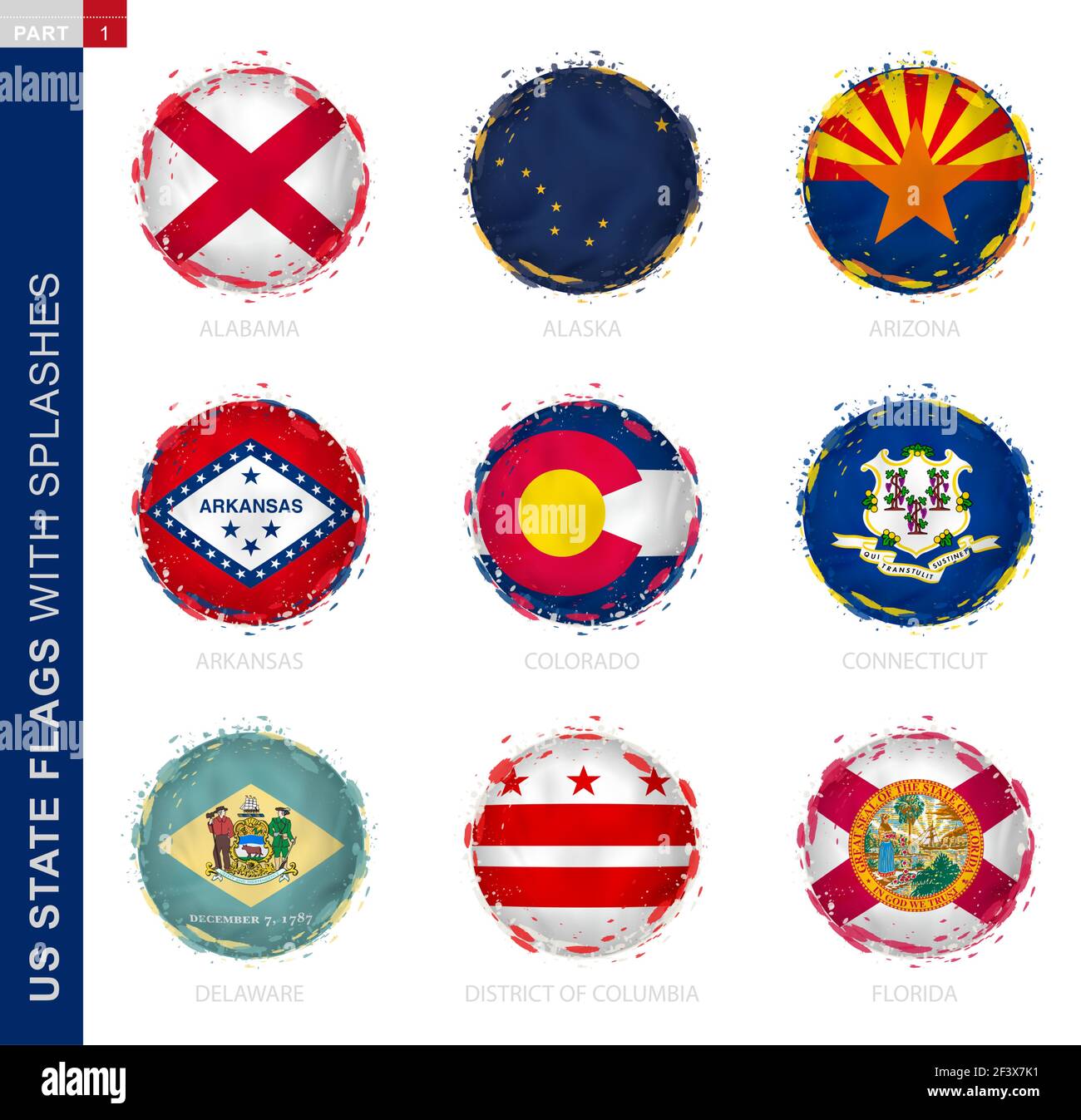 US State flag collection, round grunge flag with splashes. 9 vector ...