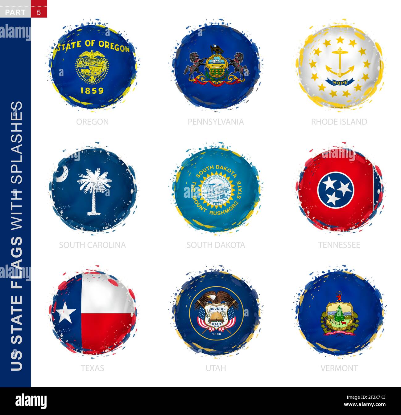 US State flag collection, round grunge flag with splashes. 9 vector ...