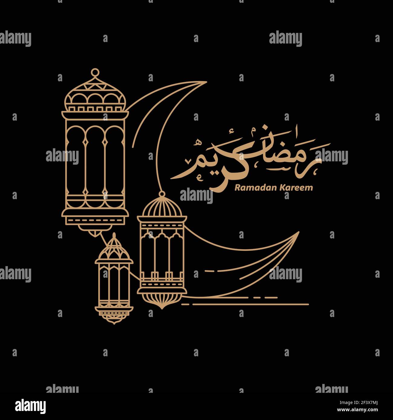 crescent moon and lantern monoline style design concept of Ramadan ...
