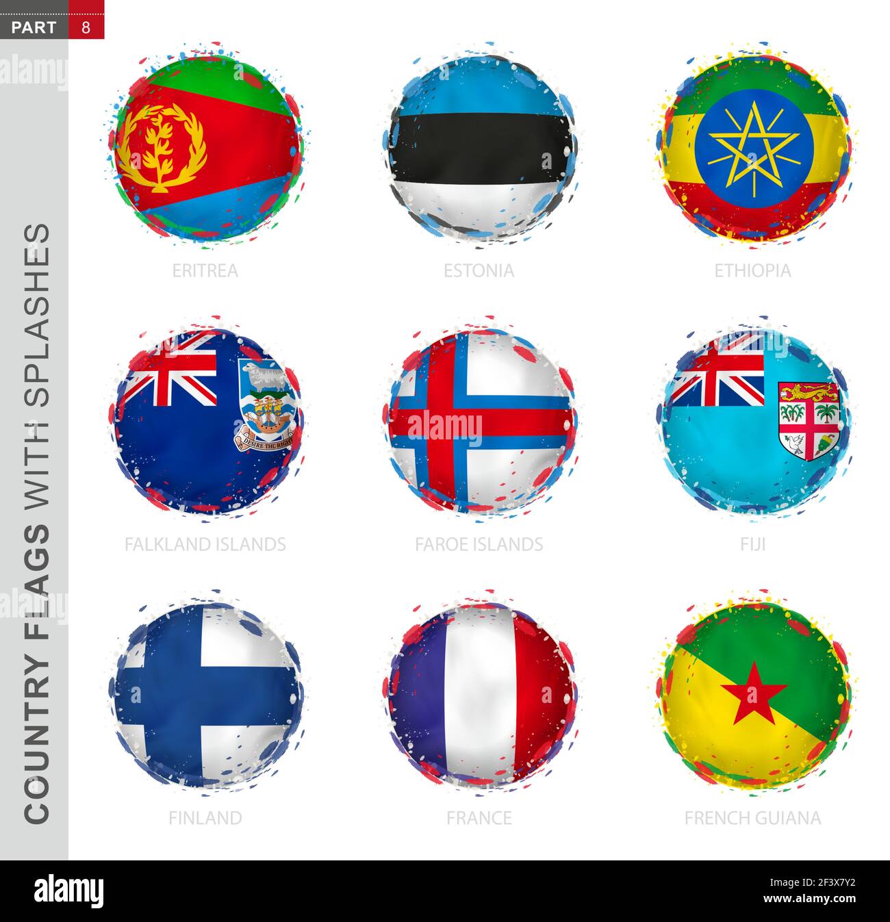 Flag collection, round grunge flag with splashes. 9 vector flags ...