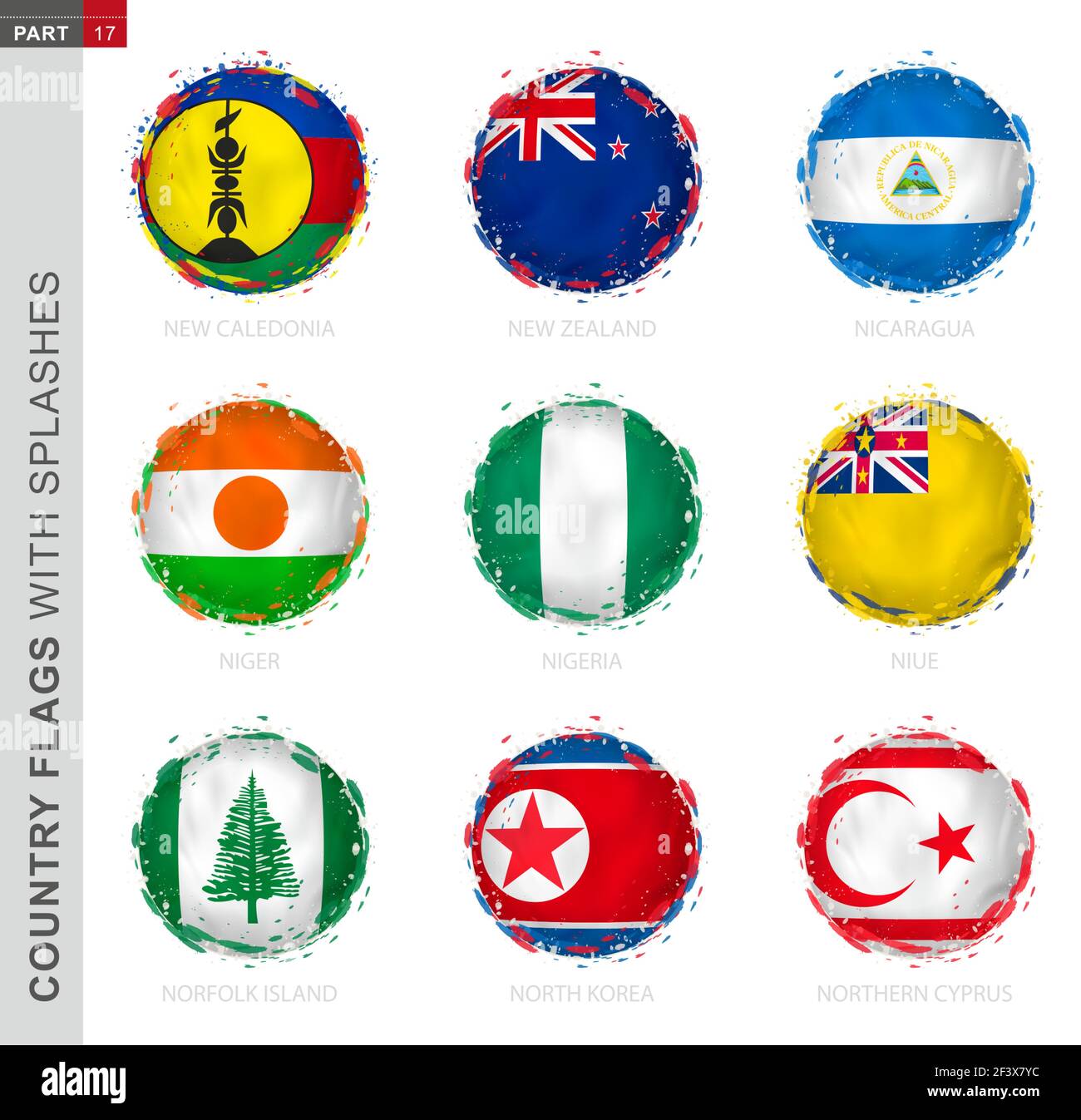 Flag collection, round grunge flag with splashes. 9 vector flags: New ...