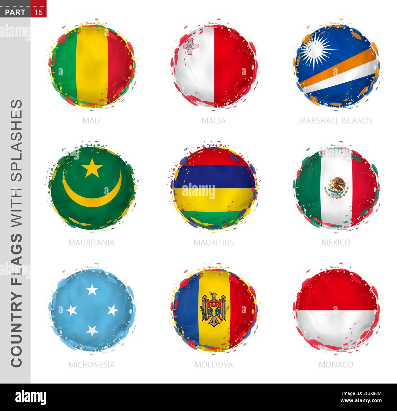 Flag collection, round grunge flag with splashes. 9 vector flags: Mali ...