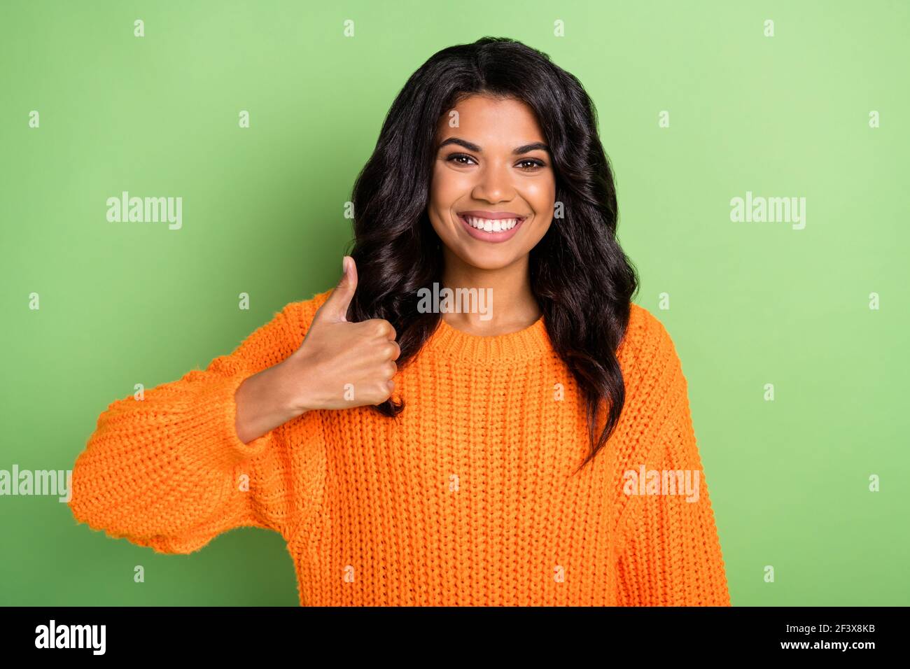 Photo of sweet shiny dark skin lady dressed knitted pullover showing ...