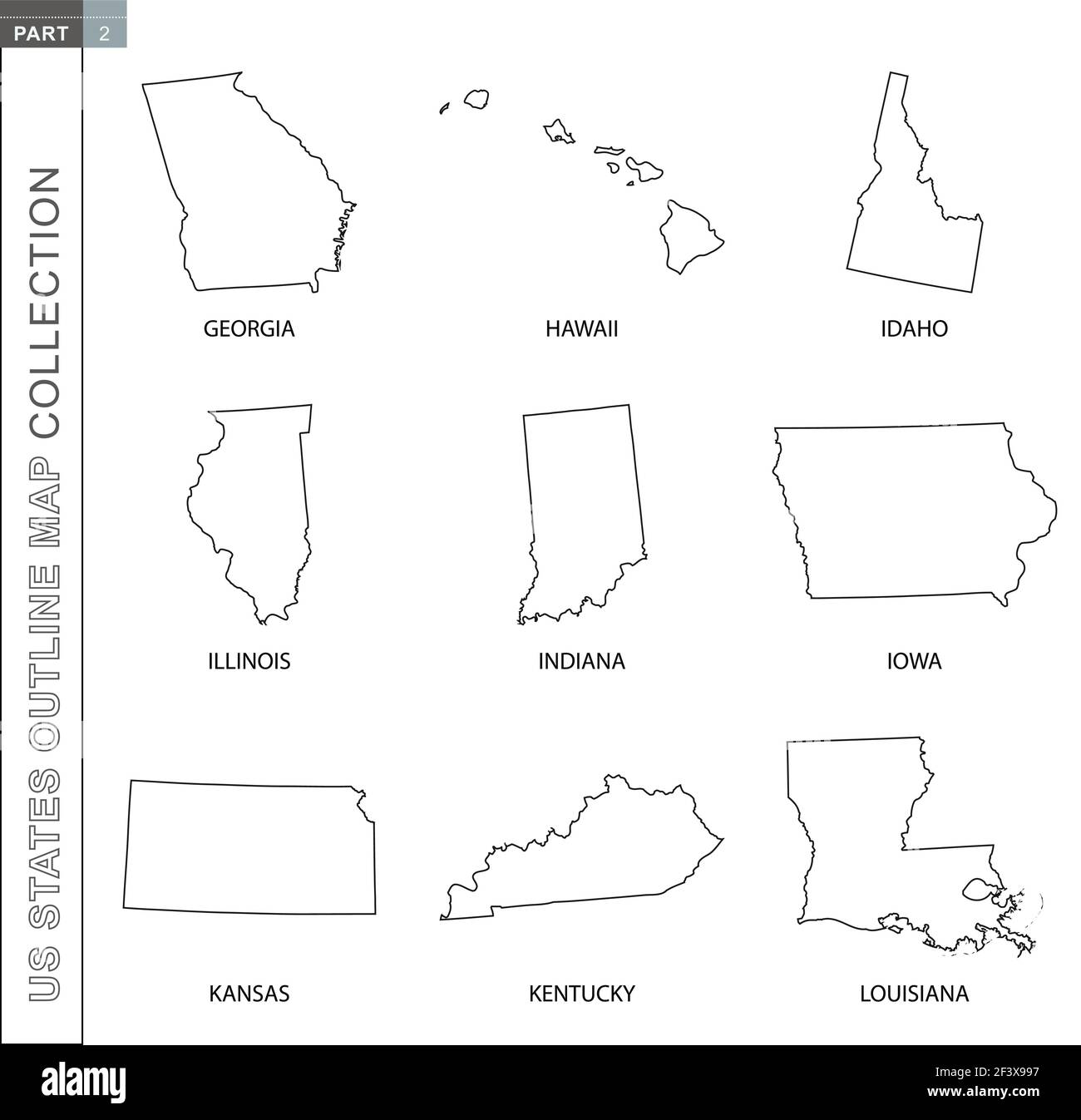 Outline maps of US states collection, nine black lined vector map of ...
