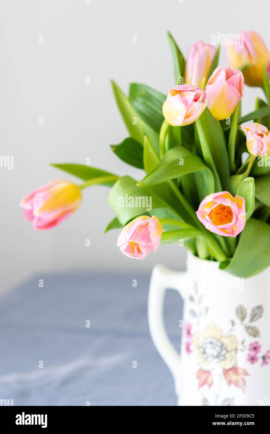 Spring tulips in a jug on a table hi-res stock photography and images - Alamy
