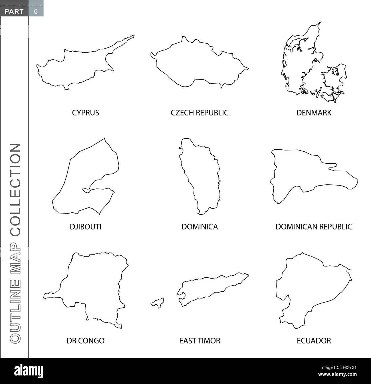 Outline maps collection, nine black lined vector map of Cyprus, Czech ...