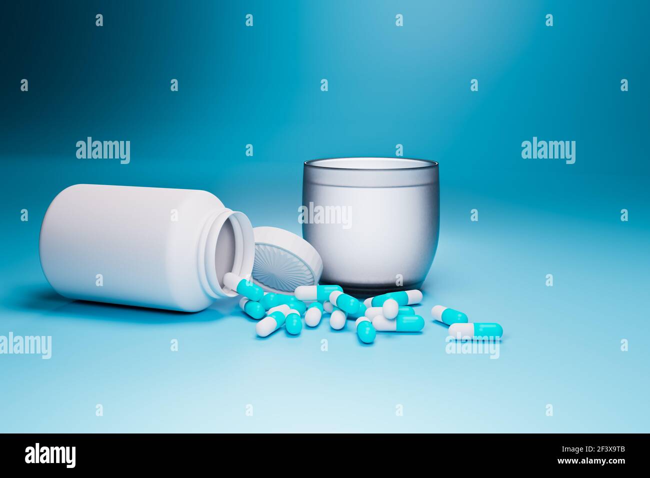 blue capsules medication and container, 3d illustration rendering Stock ...