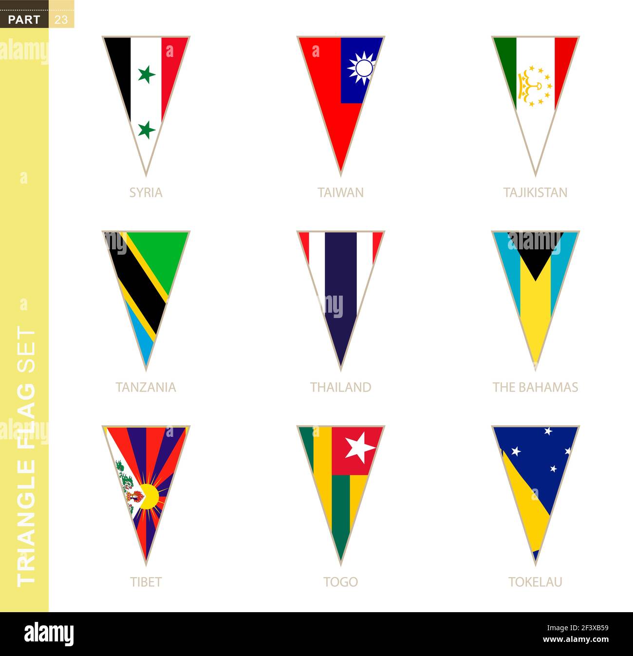 Triangle flag set, stylized country flags of Syria, Taiwan, Tajikistan ...