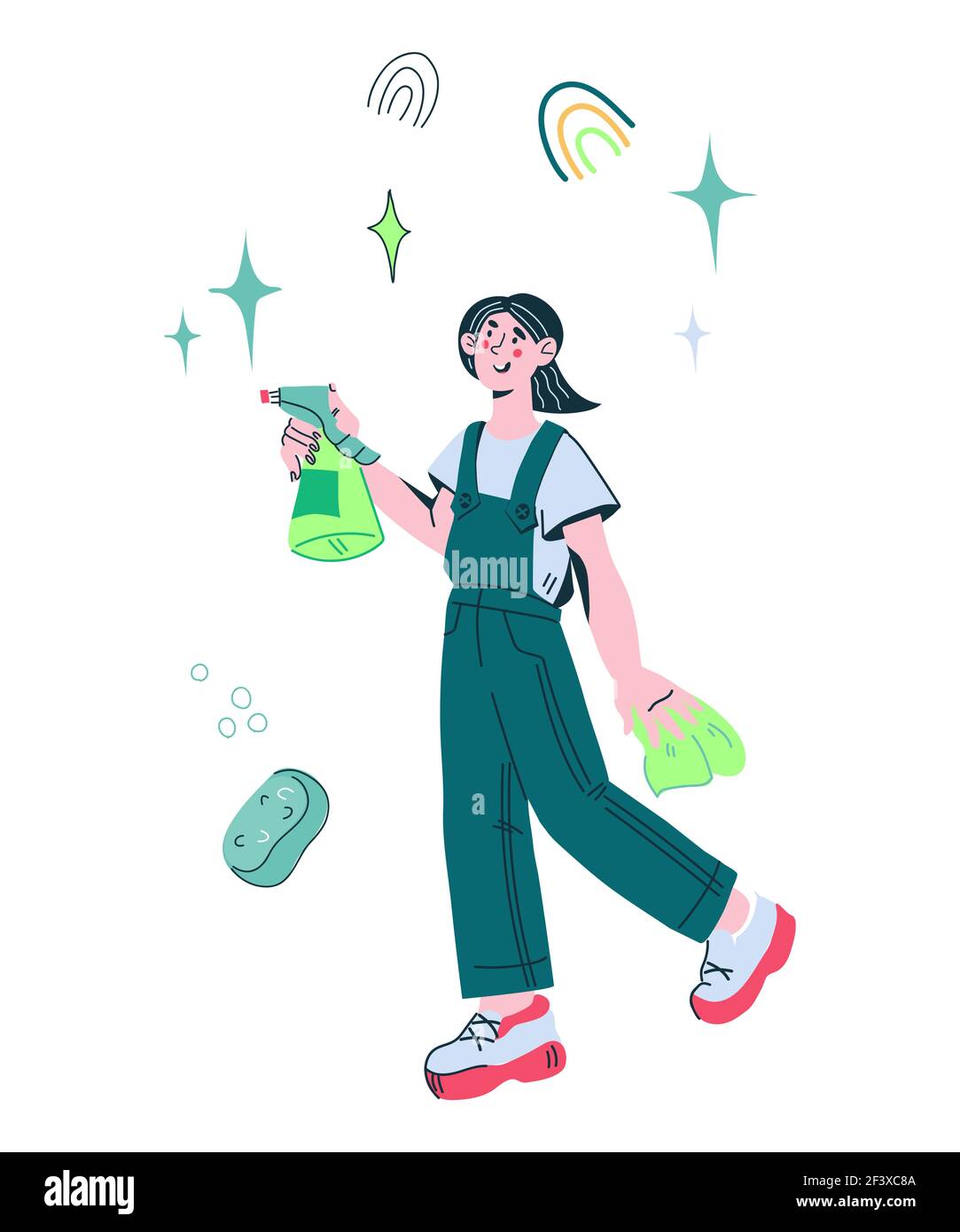 Woman cleaner in uniform spraying detergent, cartoon vector isolated on ...
