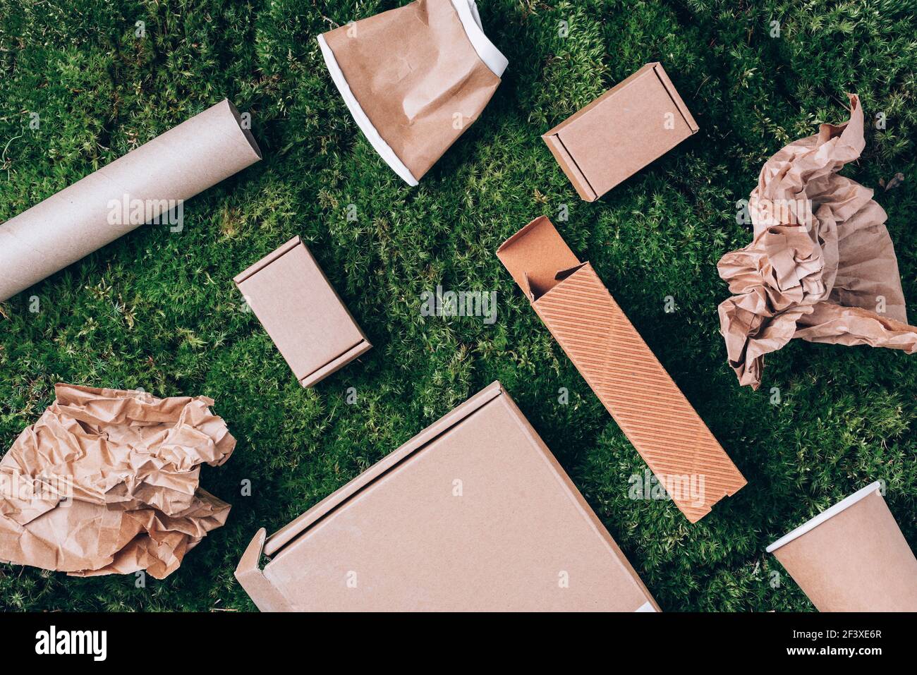 Сrumpled paper, carton packing, paper boxes on green grass, moss ...