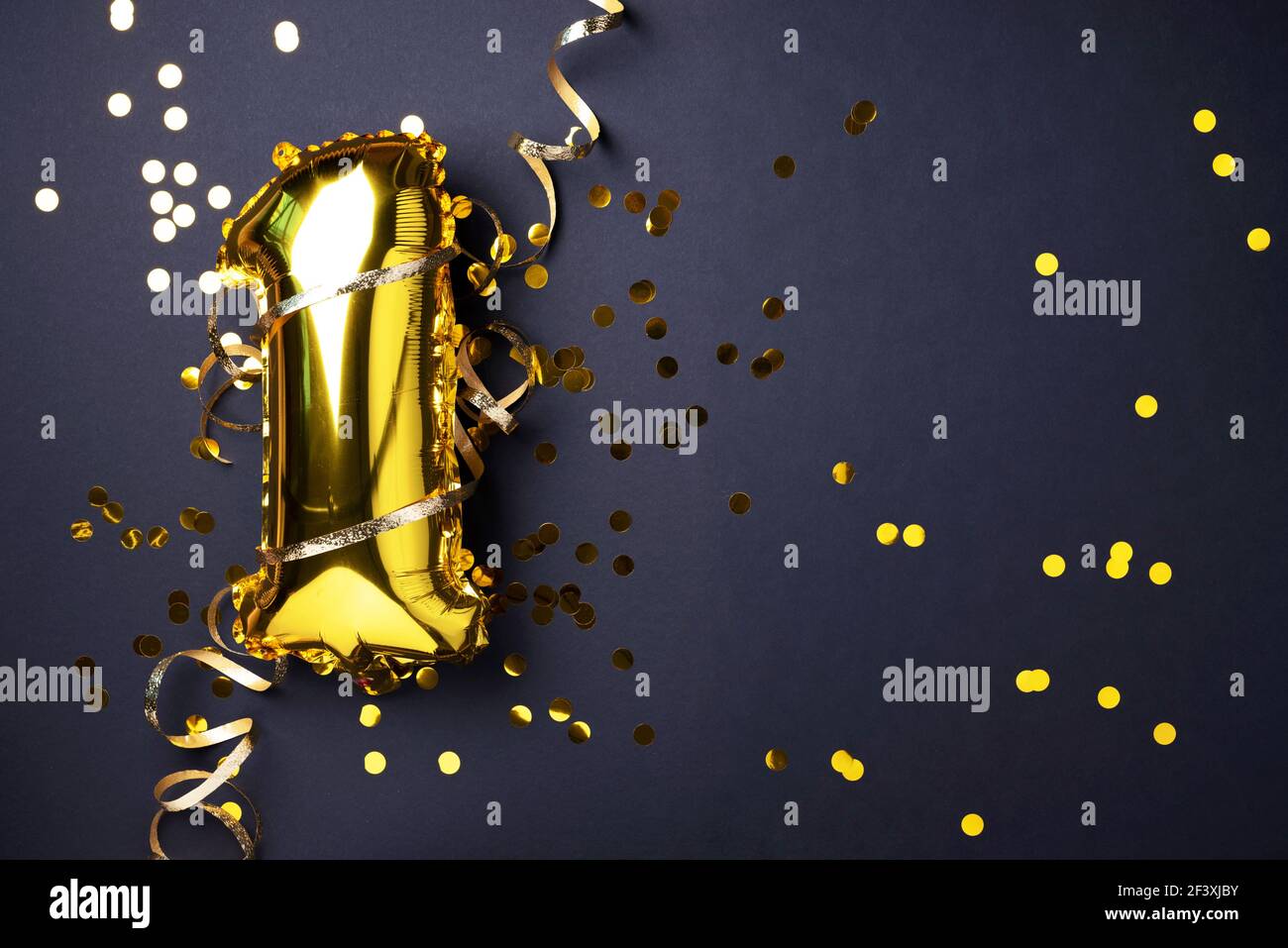 Gold foil balloon number and digit, one 1. Birthday greeting card ...